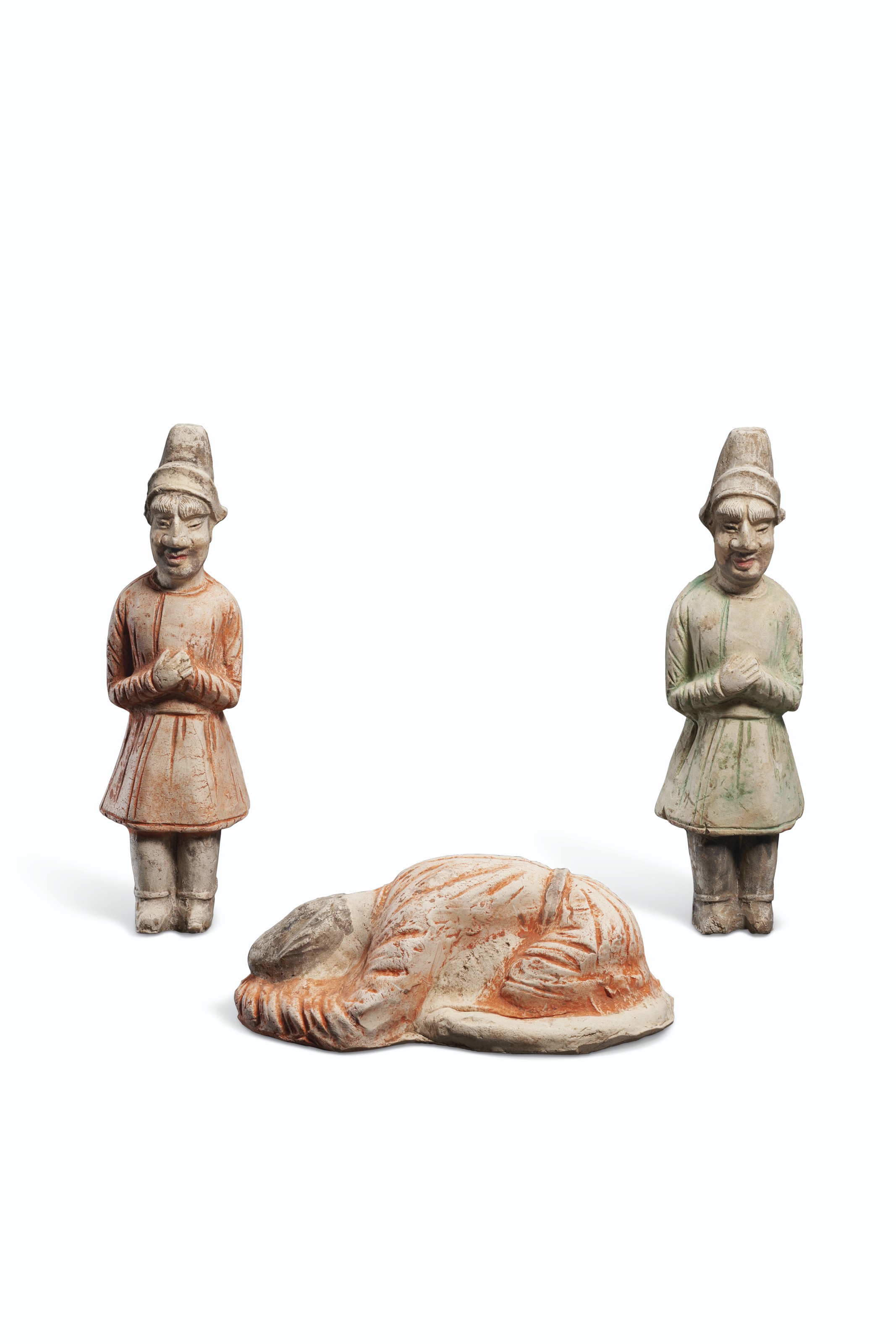 THREE PAINTED POTTERY FIGURES, CHINA, TANG DYNASTY (AD 618-907 ...