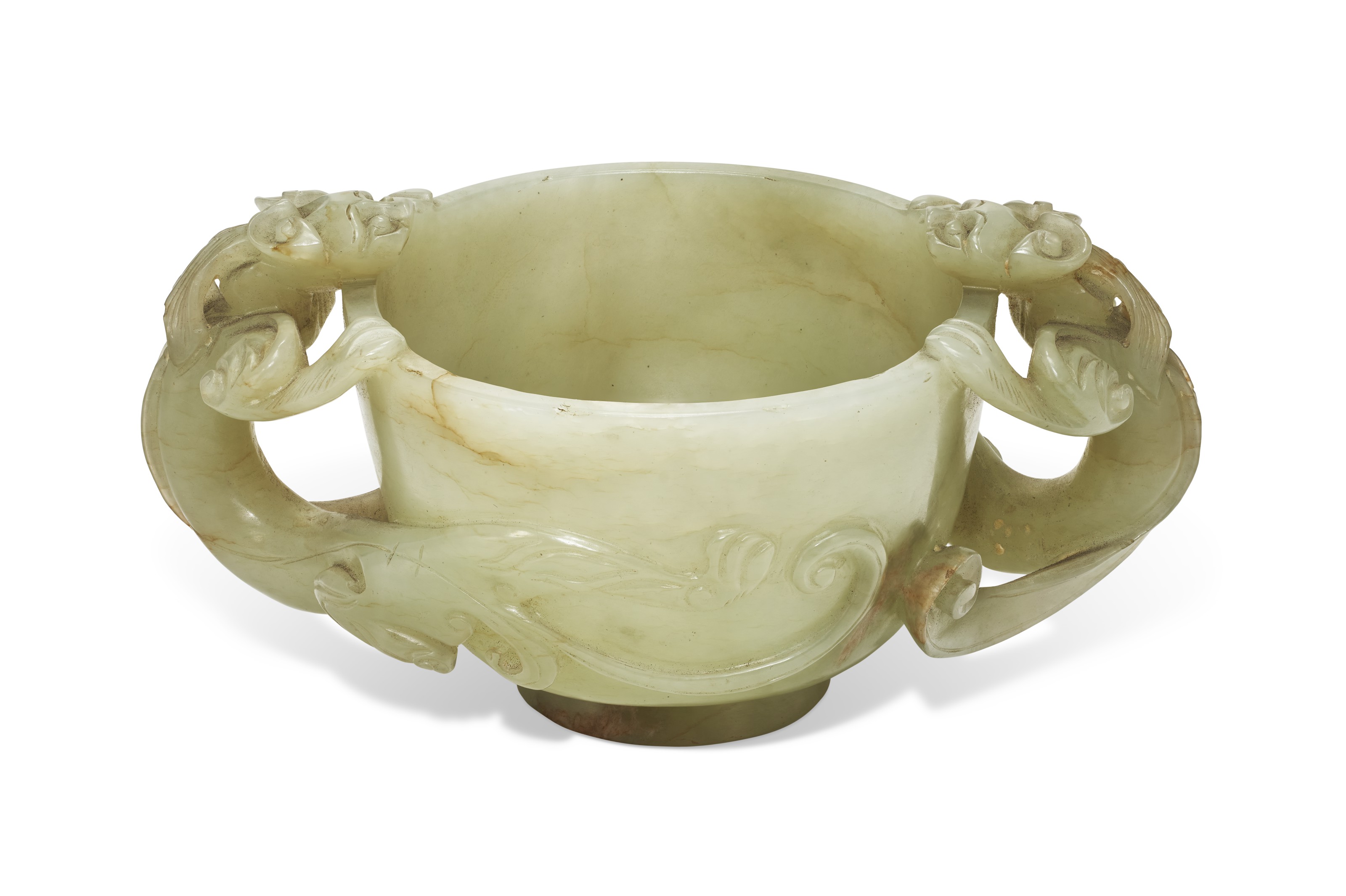 A PALE GREENISH-WHITE JADE CUP WITH `CHILONG' HANDLES, CHINA, 17TH-18TH ...