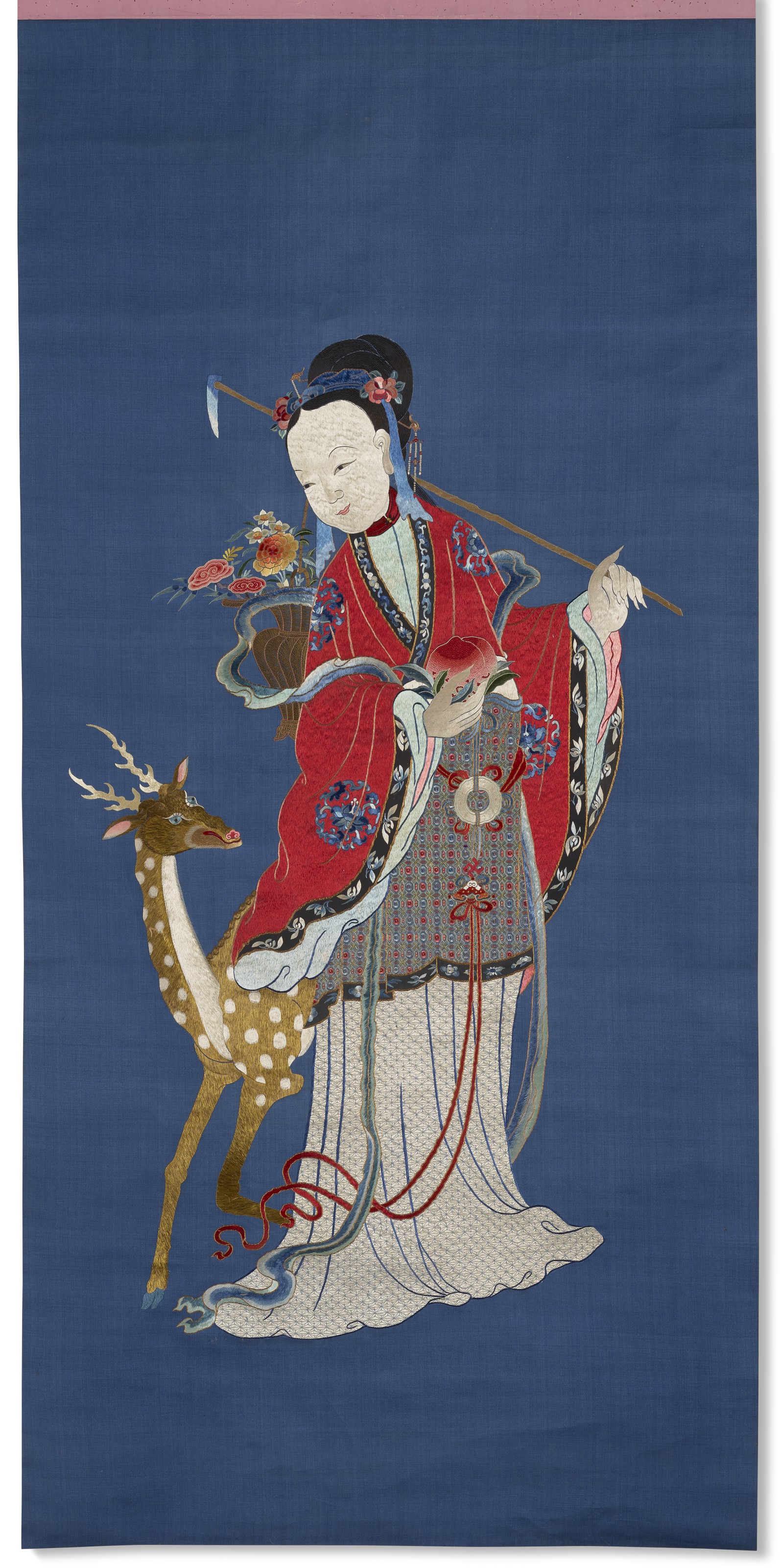 AN EMBROIDERED BLUE-GROUND PANEL OF HE XIANGU, CHINA, EARLY 20TH ...