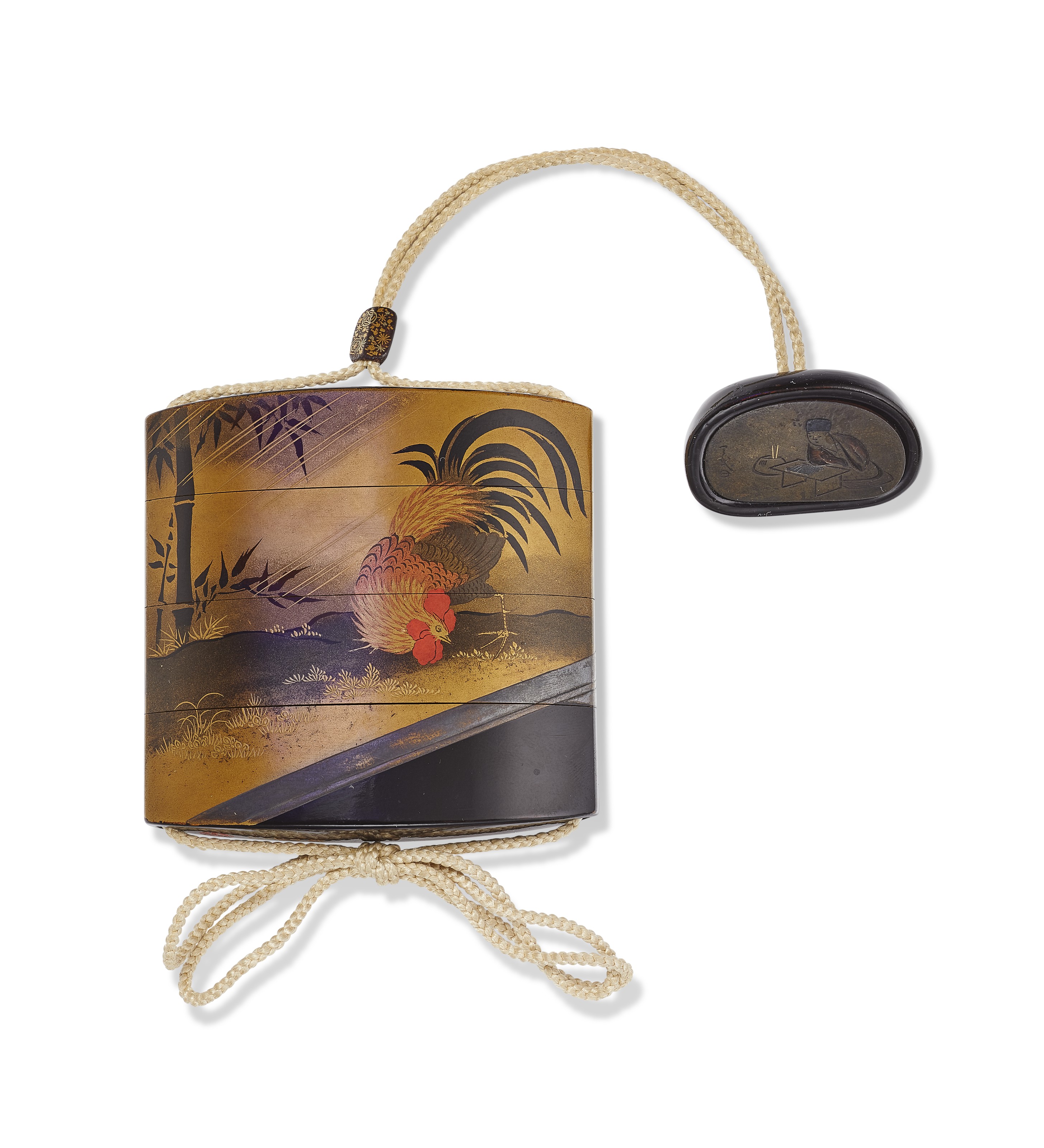 A THREE-CASE LACQUER INRO WITH A ROOSTER LOOKING AT A ROOSTER SCREEN ...