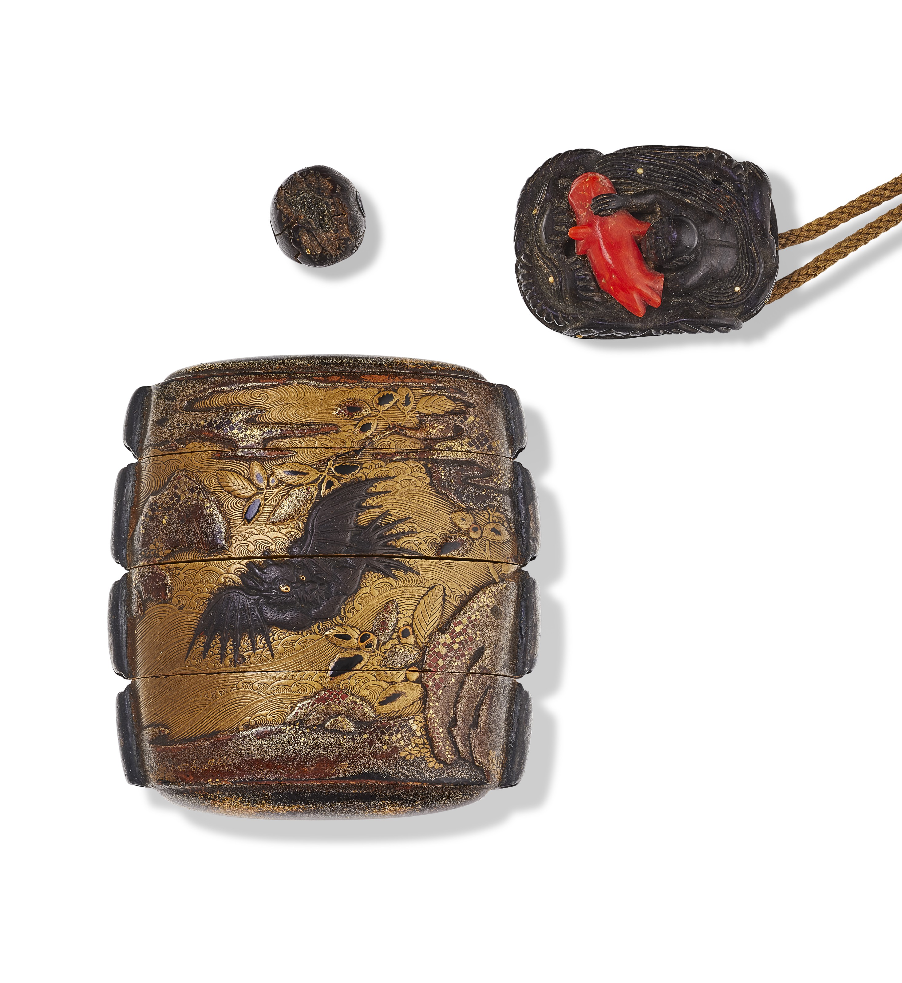 A THREE-CASE LACQUERED INRO WITH WINGED DRAGON-FISH, JAPAN, EDO PERIOD ...