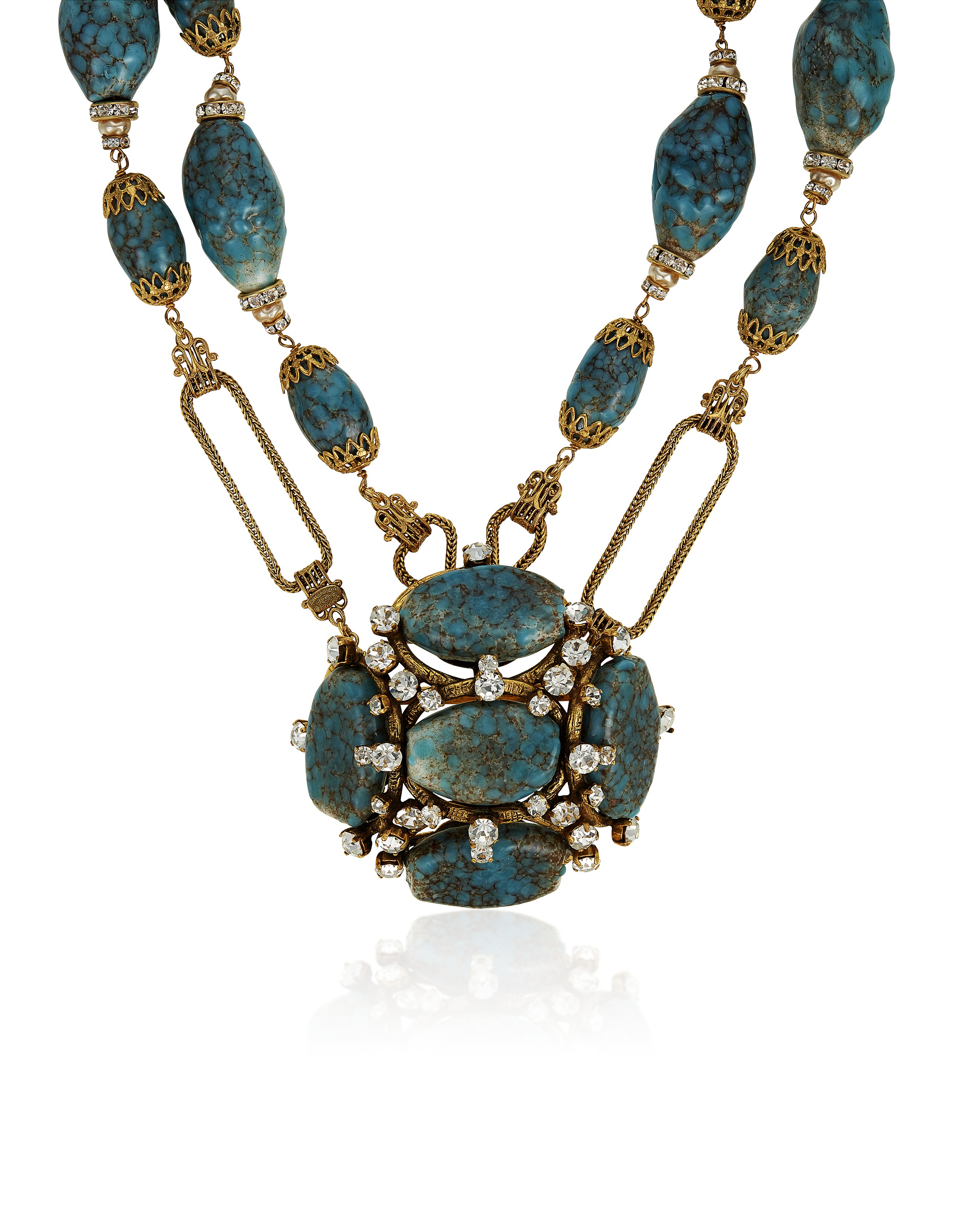CHANEL FAUX TURQUOISE AND RHINESTONE NECKLACE AND PENDANT BROOCH ...