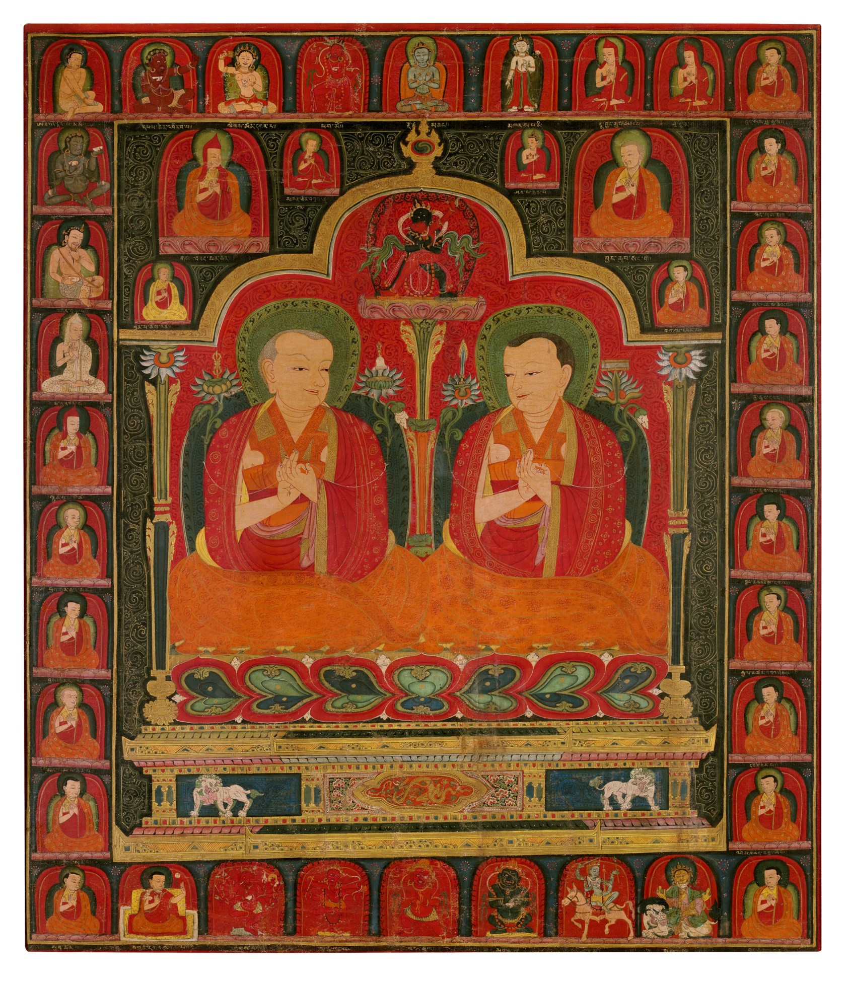A RARE LAMDRE LINEAGE PAINTING OF TWO SAKYA MASTERS