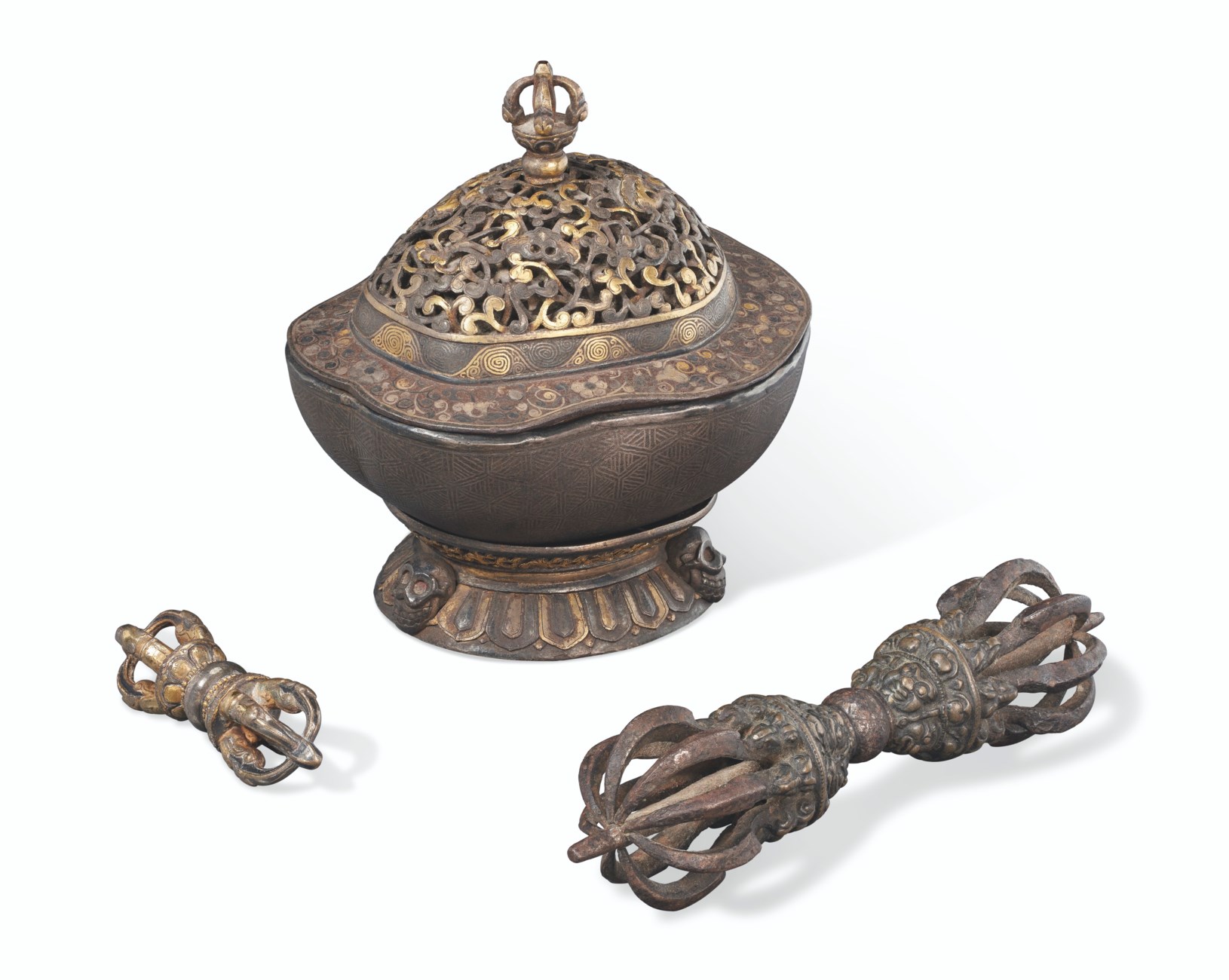 A GROUP OF THREE METALWORK BUDDHIST RITUAL ITEMS, TIBET, 14TH CENTURY ...