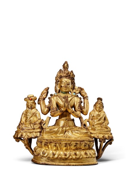 A RARE GILT-BRONZE FIGURE OF SHADAKSHARI LOKESHVARA, NEPAL OR TIBET ...
