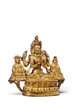 A RARE GILT-BRONZE FIGURE OF SHADAKSHARI LOKESHVARA, NEPAL OR TIBET ...