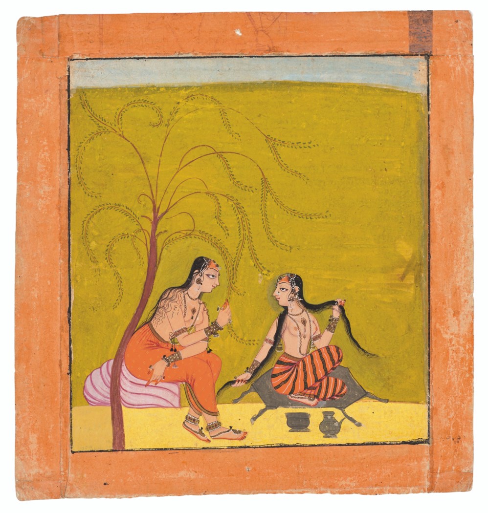 A PAINTING OF A NAYIKA AND SAKHI, INDIA, PAHARI HILLS, BASOHLI, CIRCA ...