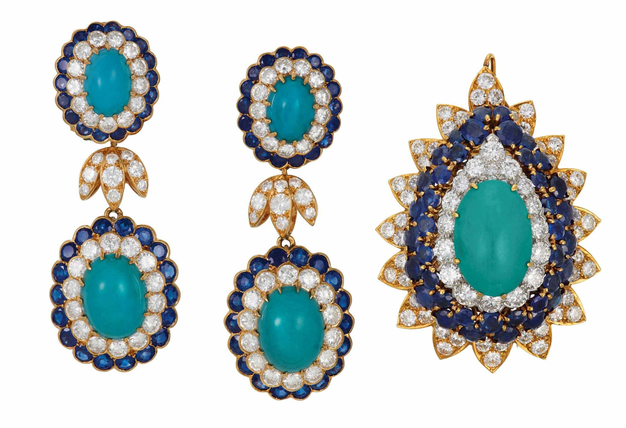 VAN CLEEF & ARPELS TURQUOISE, SAPPHIRE AND DIAMOND EARRINGS WITH ...