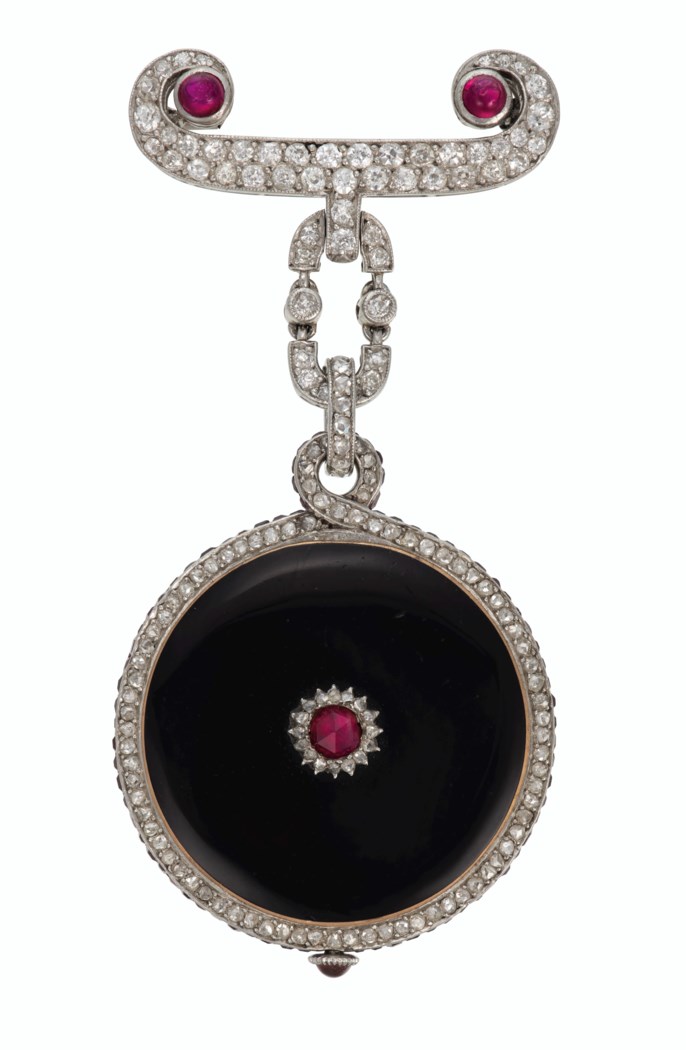 CARTIER ART DECO RUBY, DIAMOND AND ENAMEL LAPEL WATCH | Christie's