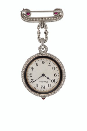 CARTIER ART DECO RUBY, DIAMOND AND ENAMEL LAPEL WATCH | Christie's