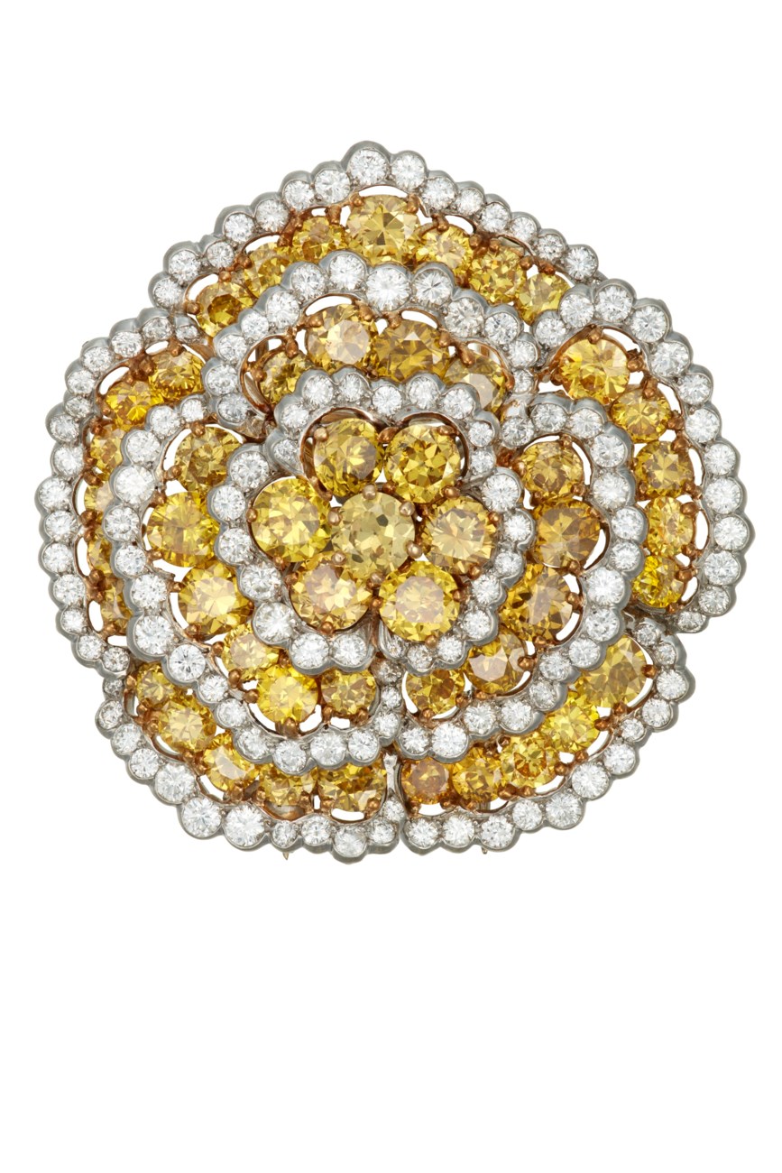 VAN CLEEF & ARPELS COLORED DIAMOND AND DIAMOND 'CAMELLIA' CLIP-BROOCH ...