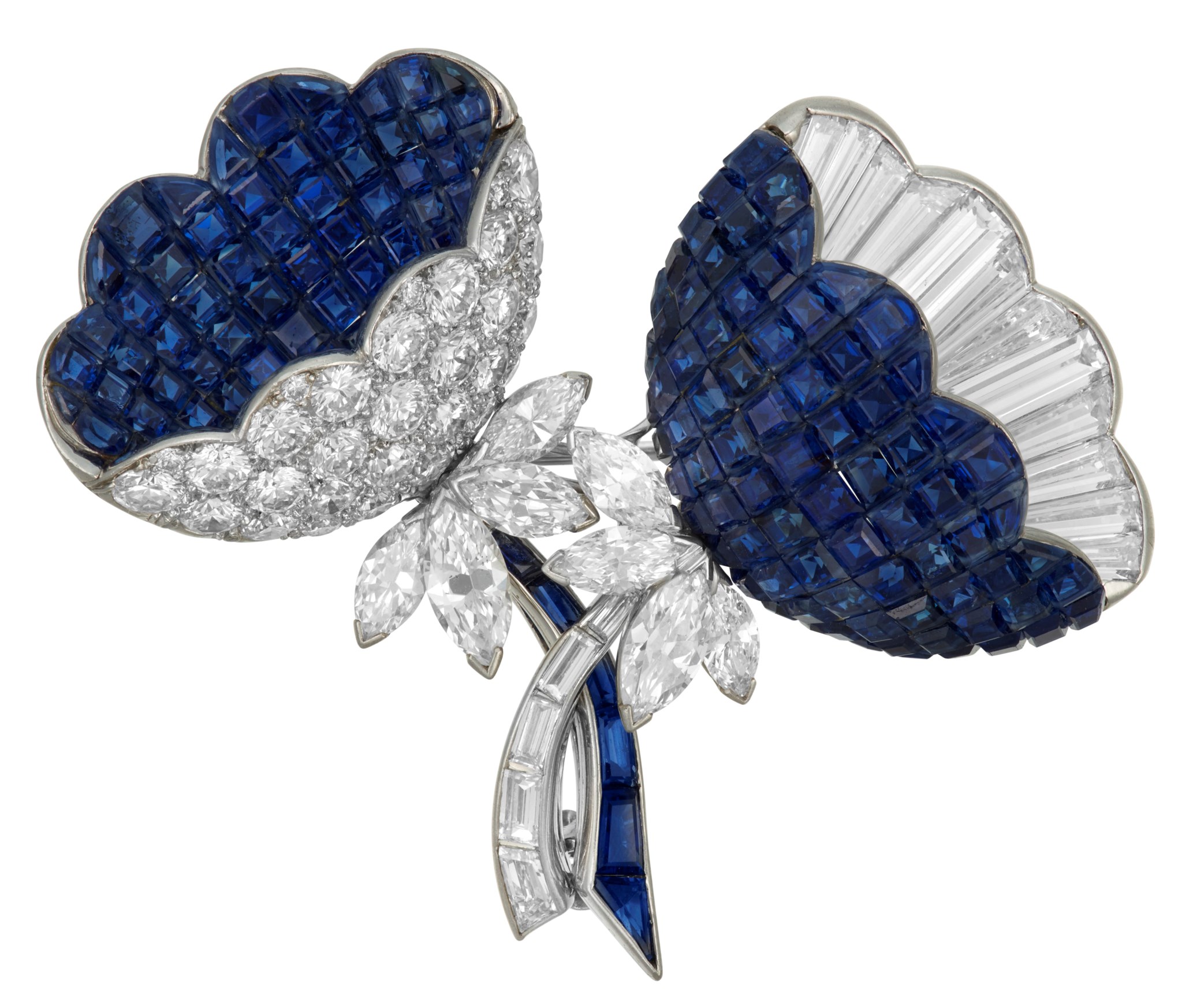 VAN CLEEF & ARPELS SAPPHIRE AND DIAMOND 'MYSTERY-SET' DOUBLE-FLOWER ...