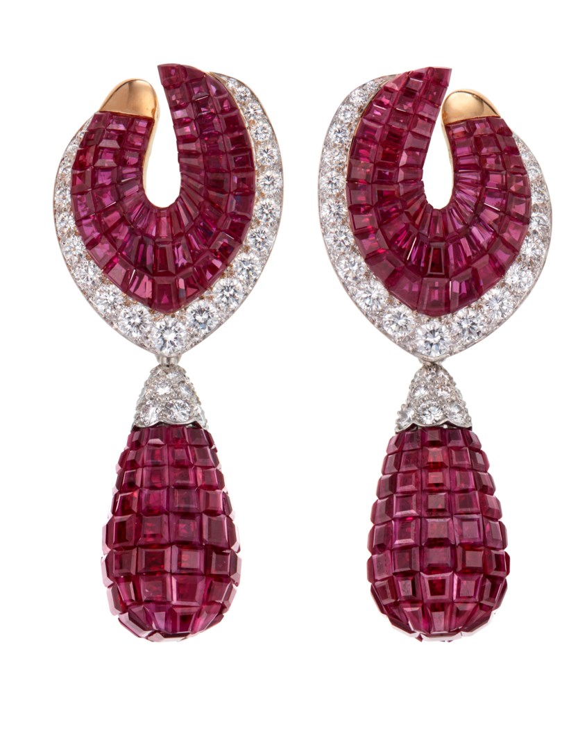 VAN CLEEF & ARPELS RUBY AND DIAMOND 'MYSTERY-SET' PENDANT-EARRINGS ...