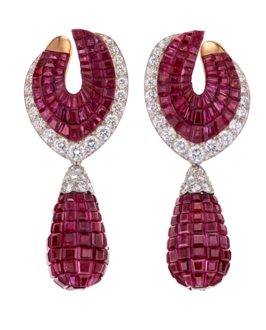 VAN CLEEF & ARPELS RUBY AND DIAMOND 'MYSTERY-SET' PENDANT-EARRINGS ...