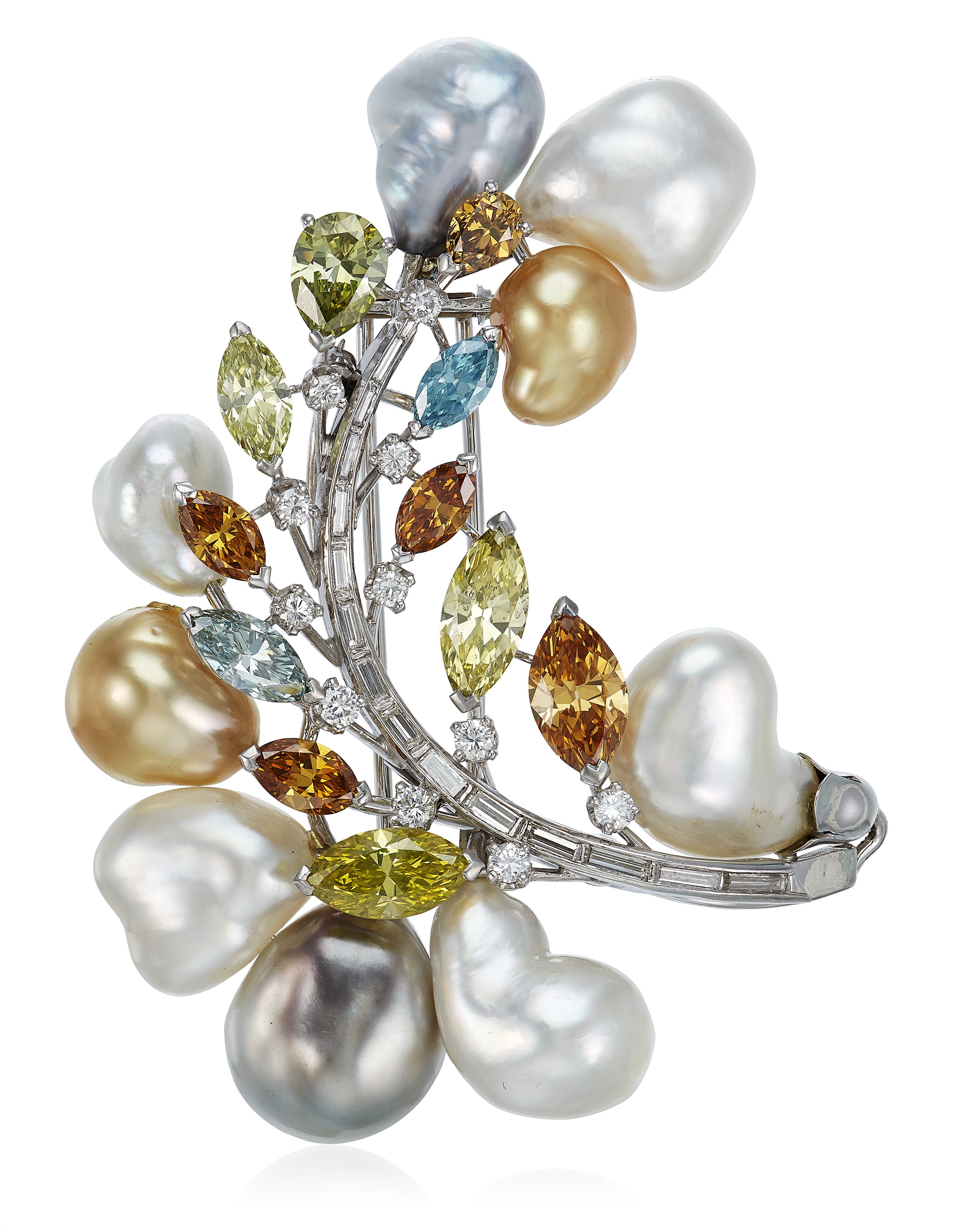 DIAMOND, TREATED COLORED DIAMOND AND CULTURED PEARL BROOCH, | Christie’s