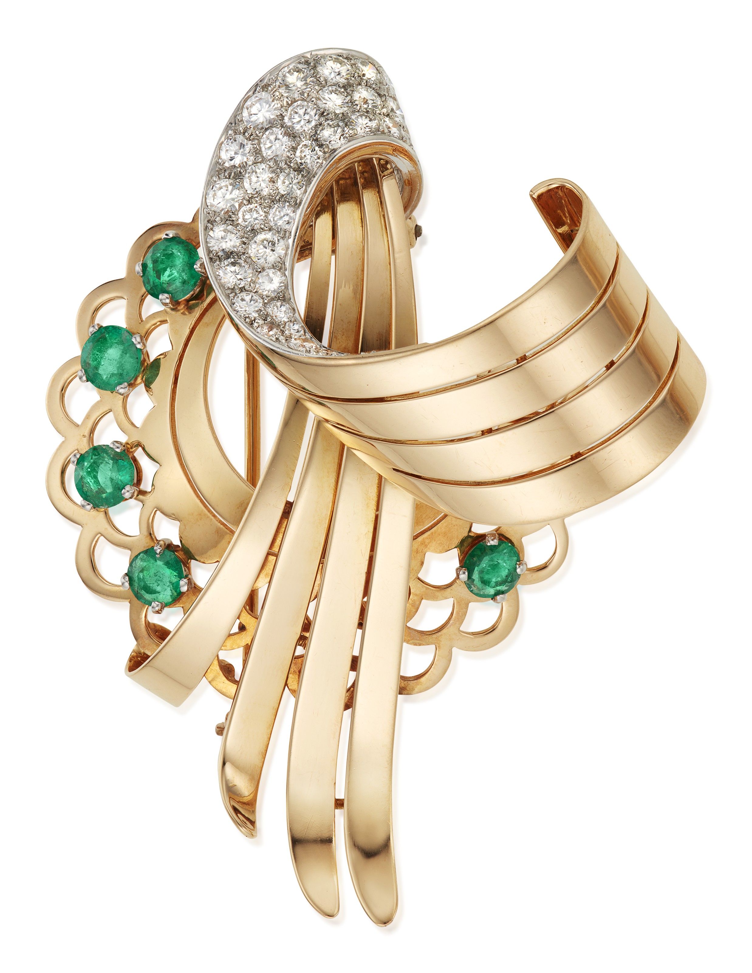 TRABERT, HOEFFER & MAUBOUSSIN RETRO EMERALD AND DIAMOND BROOCH ...