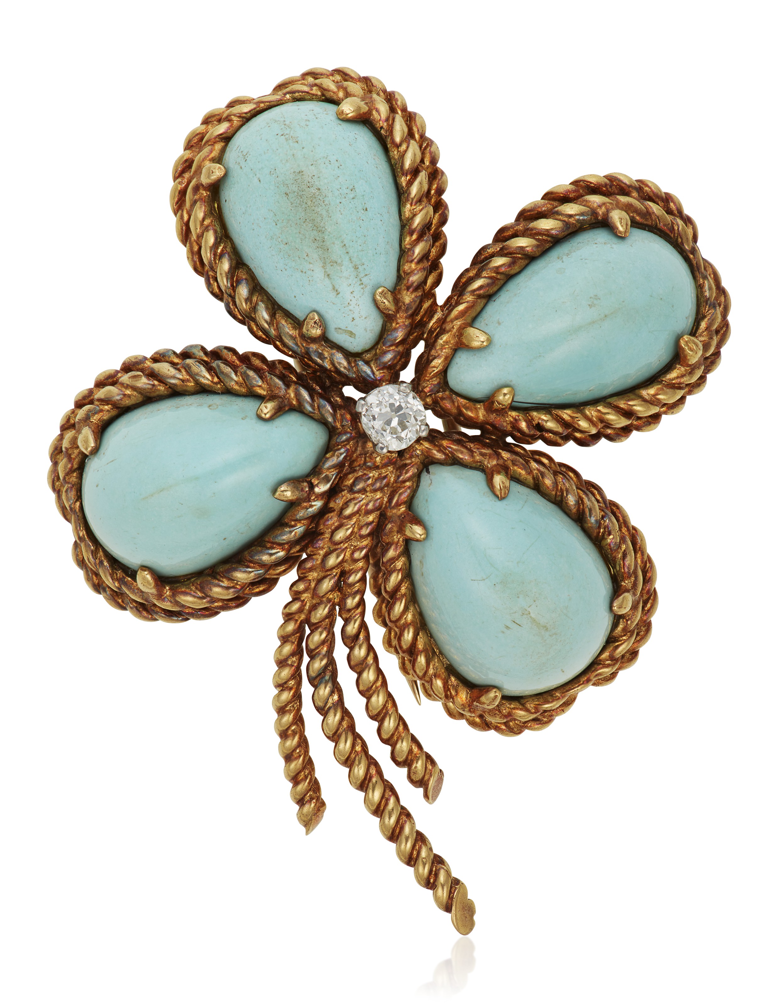 VAN CLEEF & ARPELS TURQUOISE AND DIAMOND CLOVER BROOCH, | Christie’s