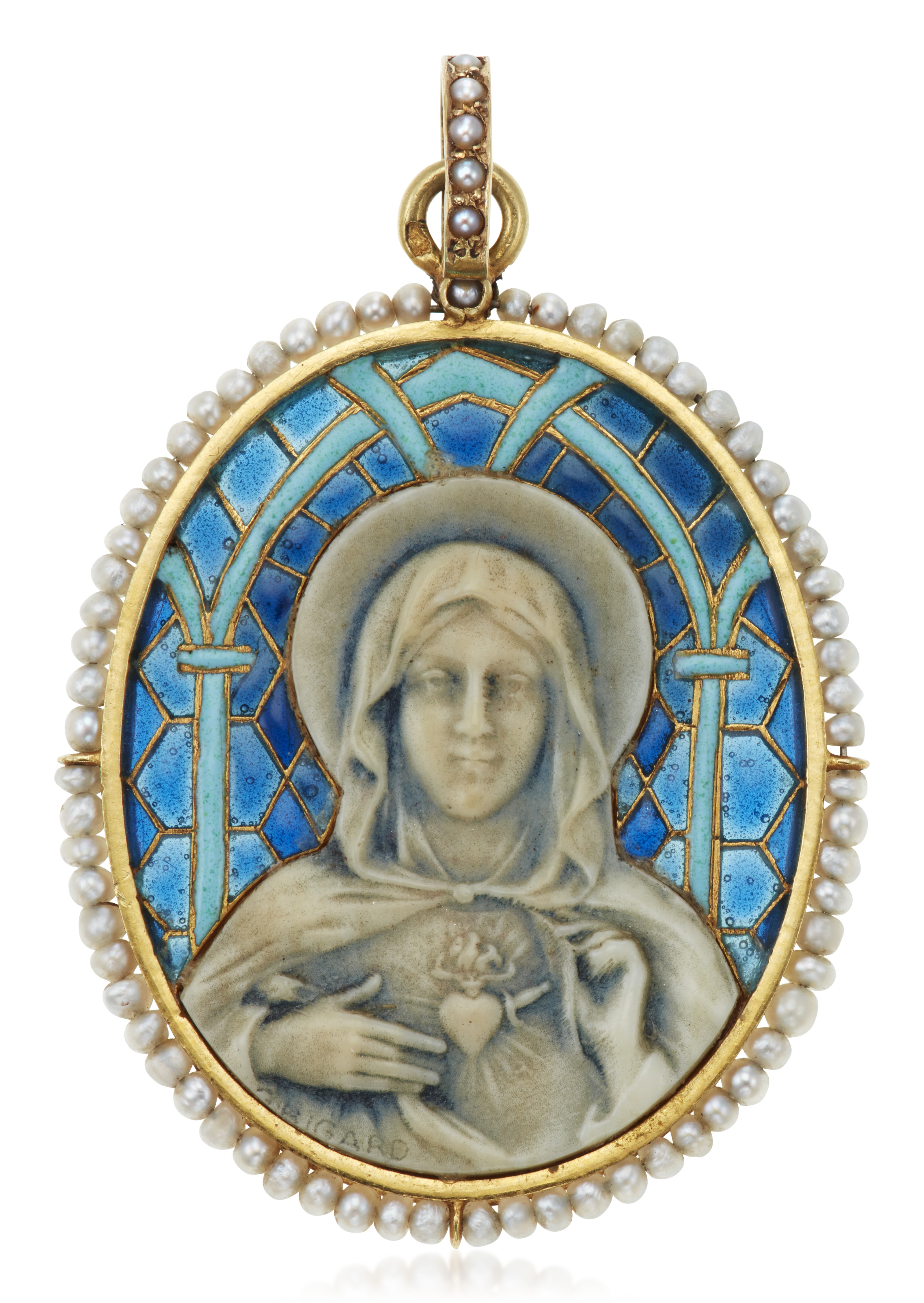 NO RESERVE | ART NOUVEAU GALALITH, ENAMEL AND SEED PEARL PENDANT ...