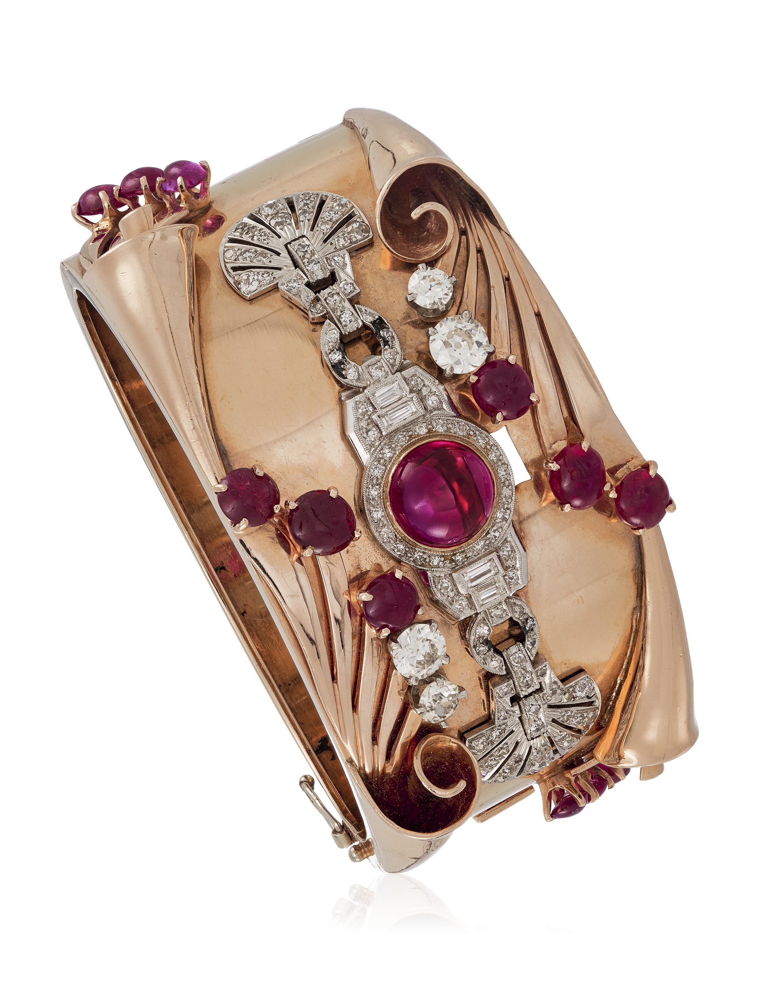 RETRO SYNTHETIC RUBY, RUBY, DIAMOND AND ROSE GOLD BANGLE, | Christie’s