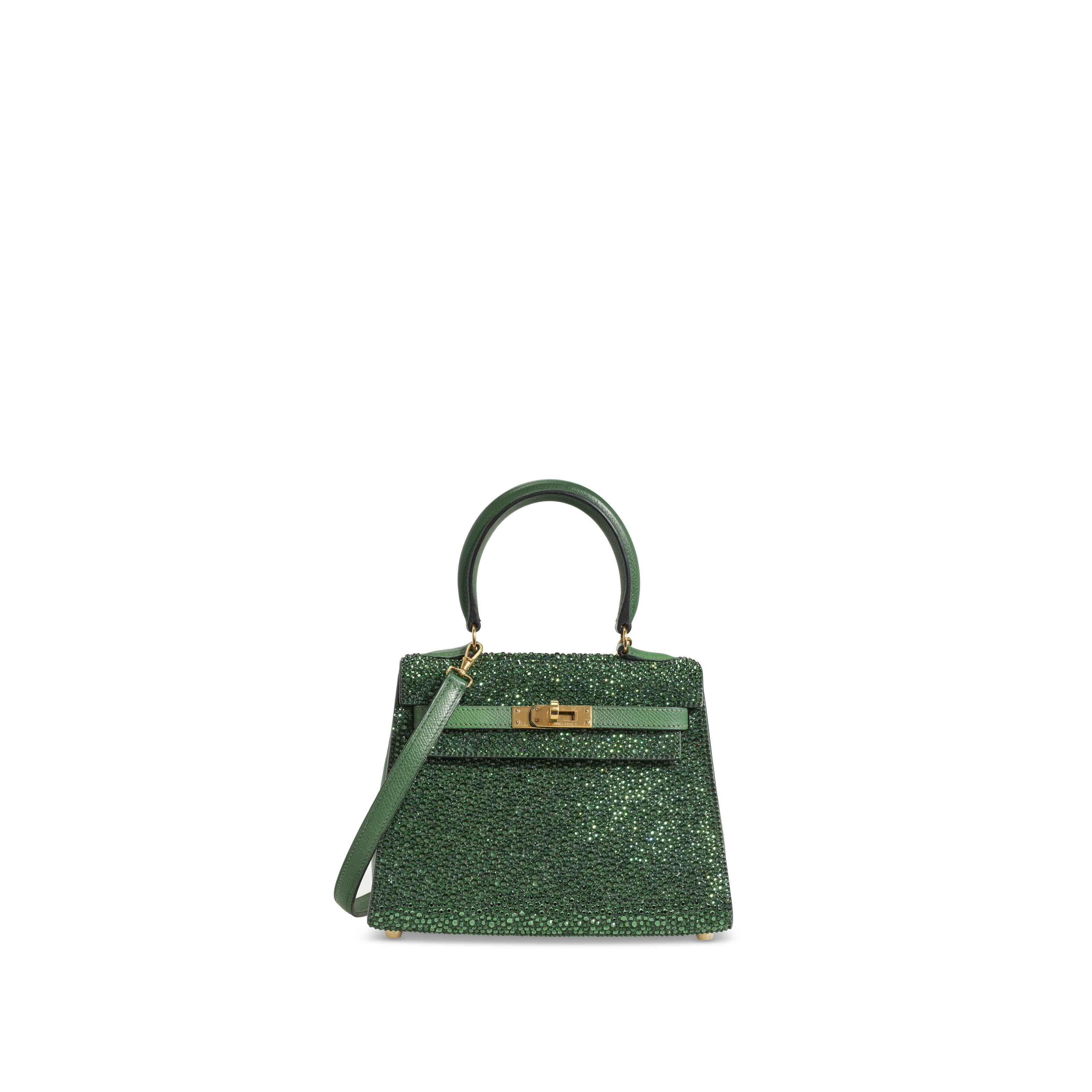 A CUSTOMIZED VERT CLAIR EPSOM LEATHER & SWAROVSKI CRYSTAL MINI KELLY 20 ...