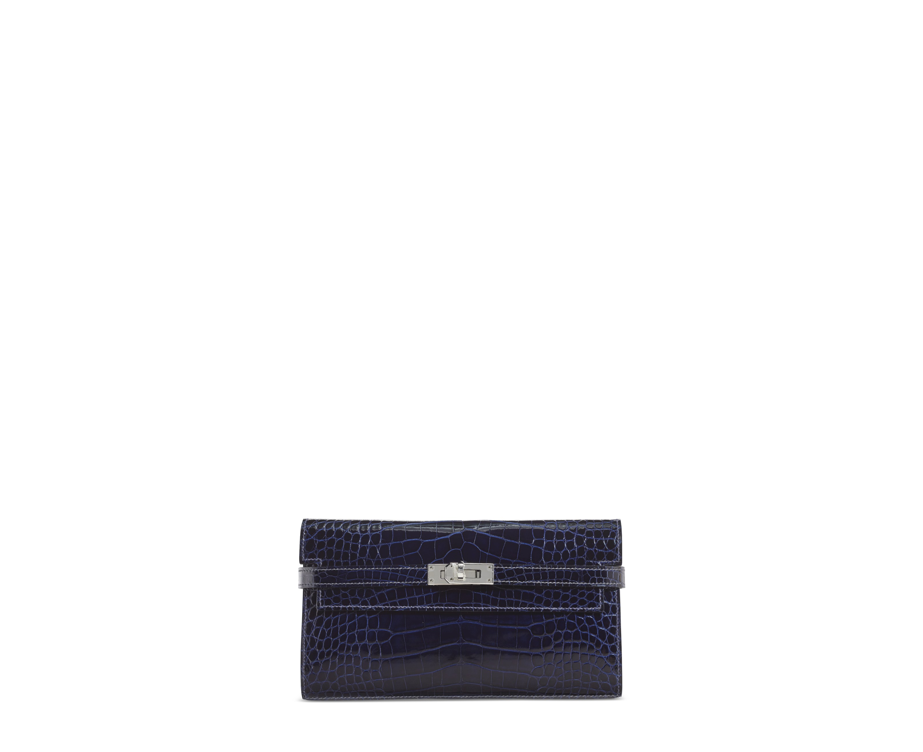 A SHINY BLEU MARINE ALLIGATOR KELLY CLASSIC WALLET WITH PALLADIUM ...