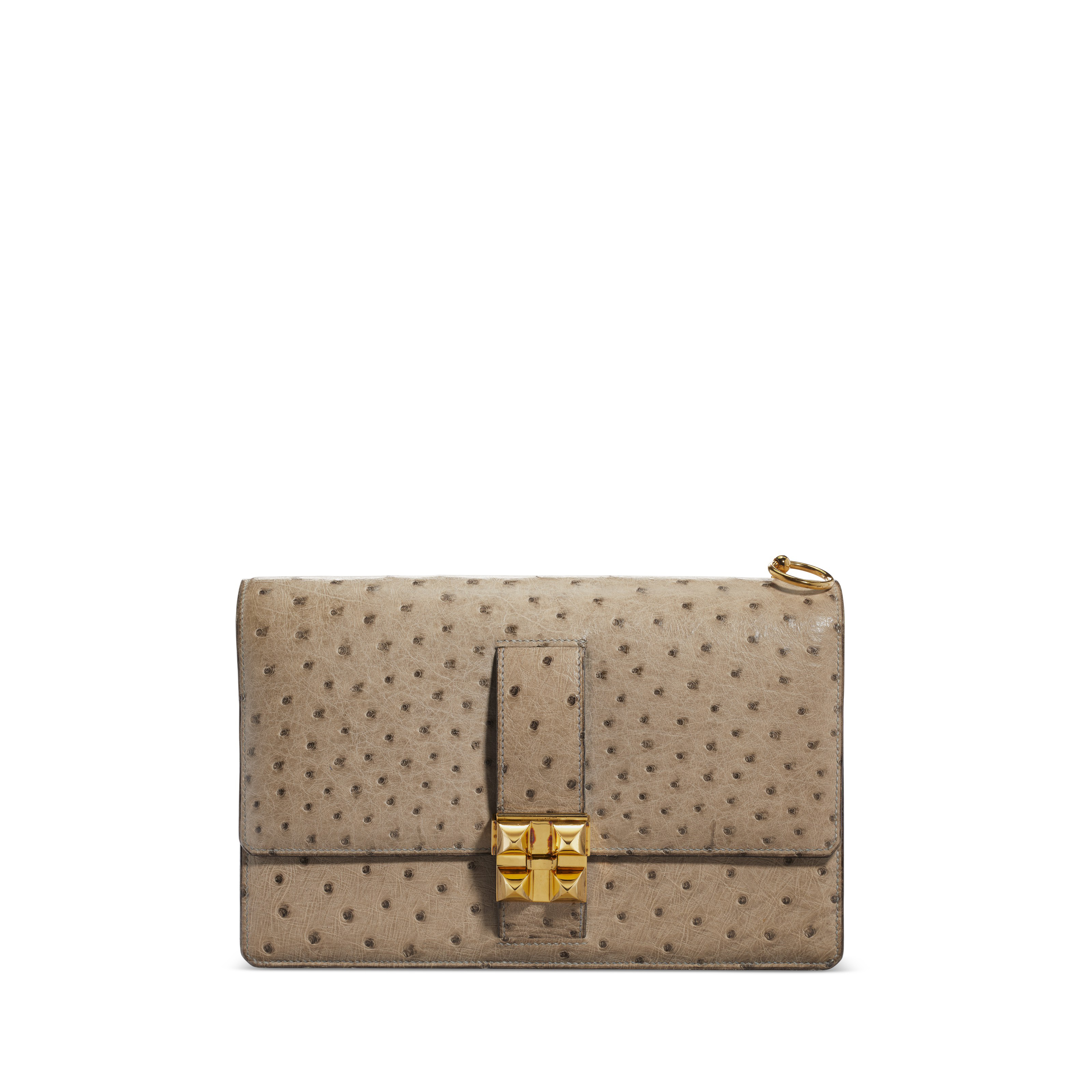 A GRIS TOURTERELLE OSTRICH MEDOR BAG WITH GOLD HARDWARE, HERMÈS, 1990 ...