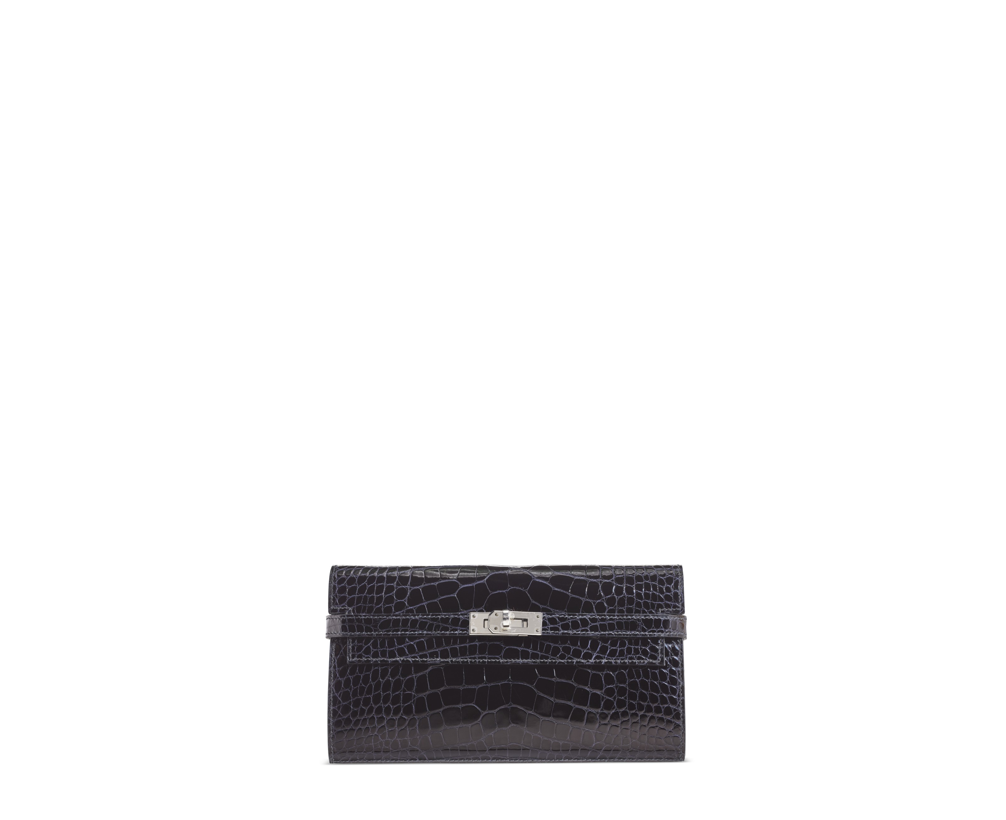 A SHINY BLACK ALLIGATOR KELLY CLASSIC WALLET WITH PALLADIUM HARDWARE ...