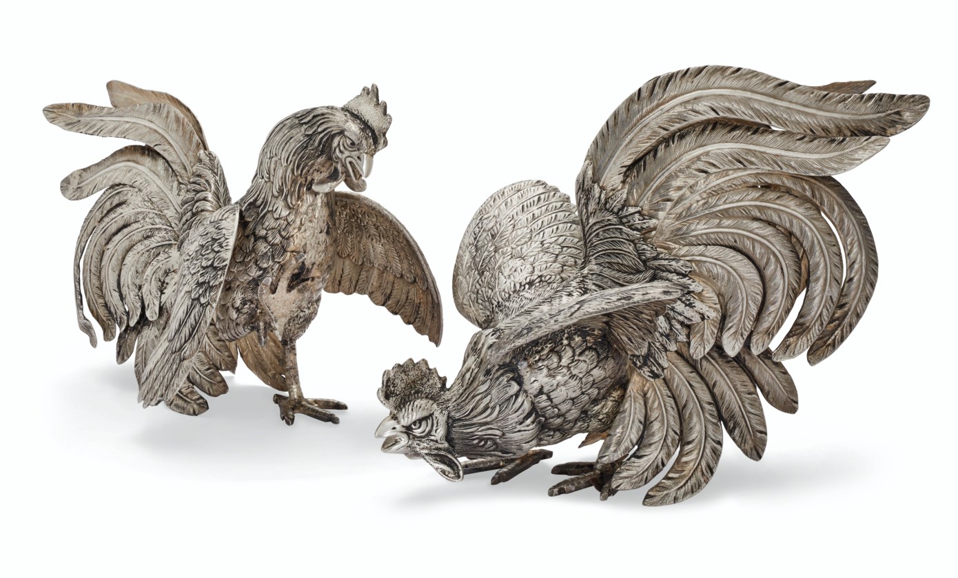 A PAIR OF CONTINENTAL SILVER-PLATED FIGHTING COCKERELS, POSSIBLY GERMAN ...