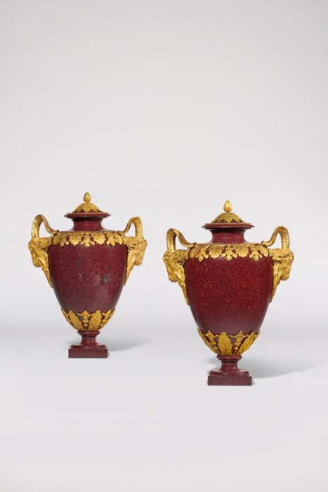 A PAIR OF RUSSIAN ORMOLU-MOUNTED KORGON PORPHYRY COVERED VASES, THE ...