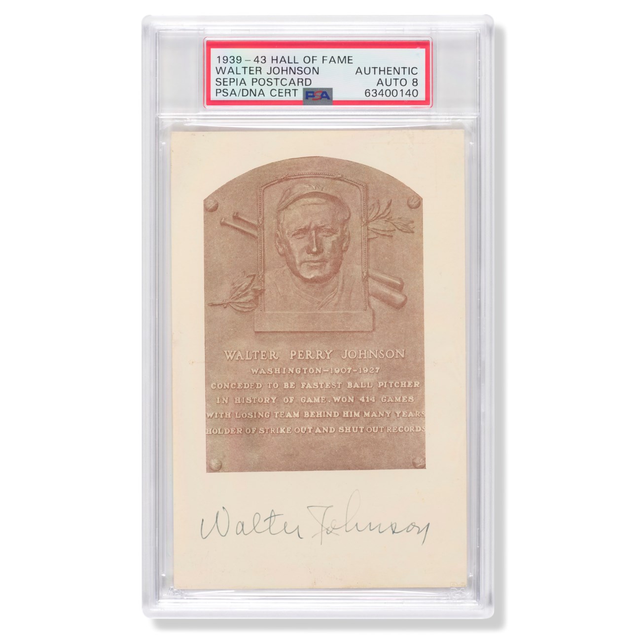 Walter Johnson Autographed Sepia Tone Hall of Fame Plaque Postcard c ...
