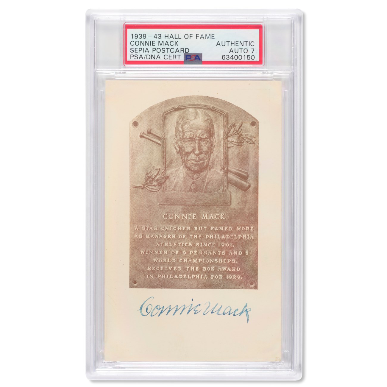 Connie Mack Autographed Sepia Tone Hall of Fame Plaque Postcard c.1939 ...