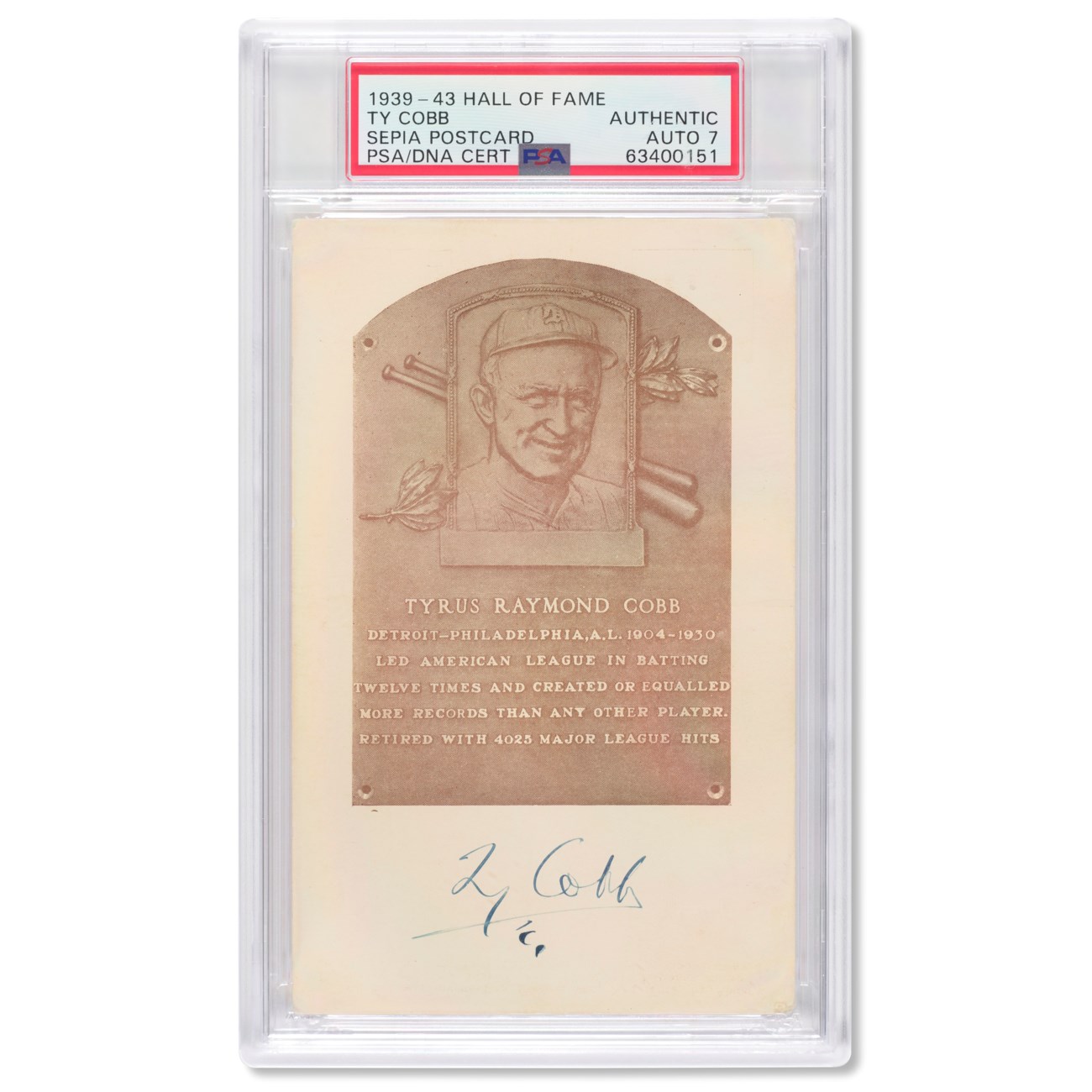 Ty Cobb Autographed Sepia Tone Hall of Fame Plaque Postcard c.1939 (PSA ...