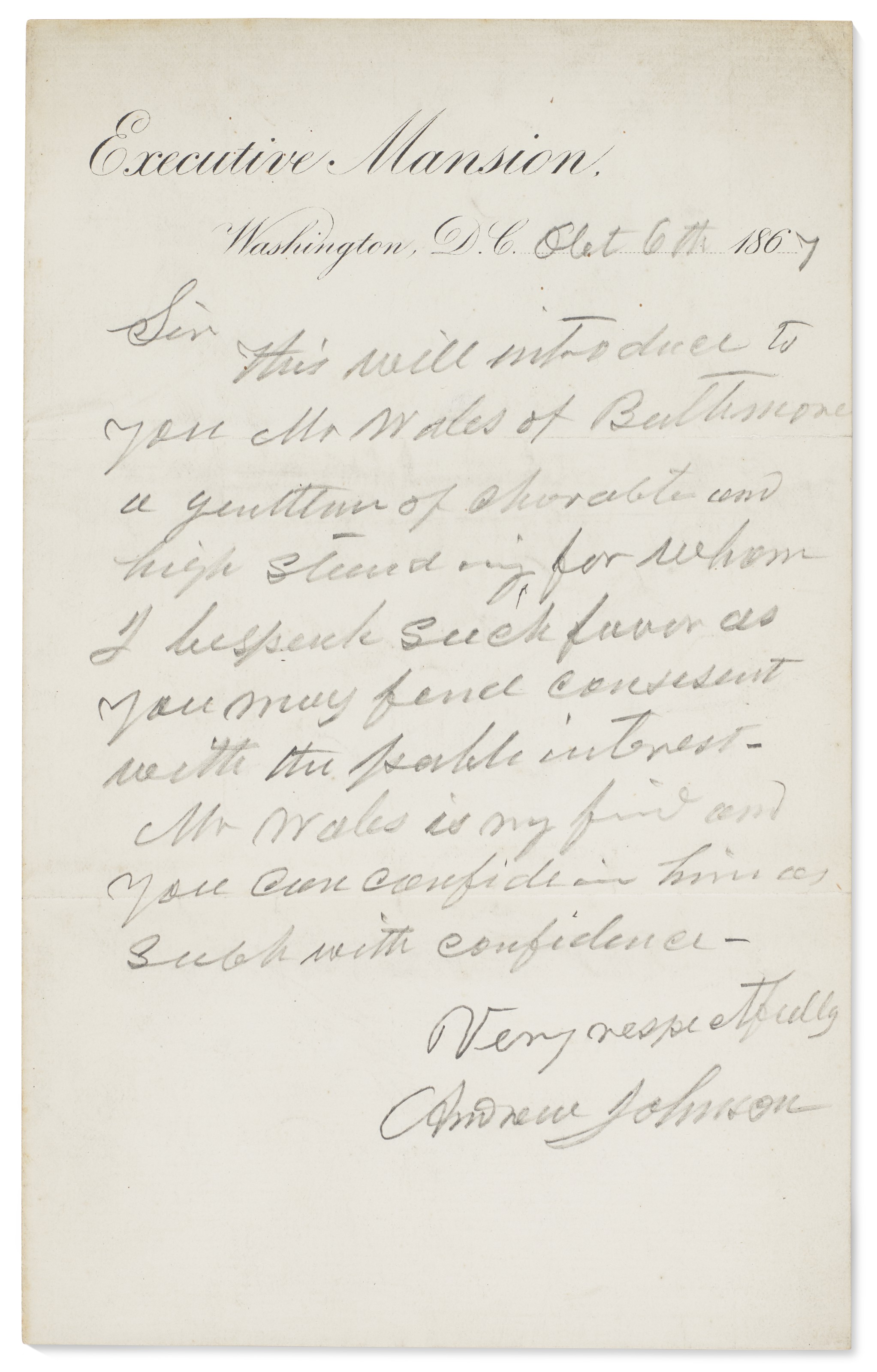 Writing as President, Andrew Johnson, 6 October 1867 | Christie’s