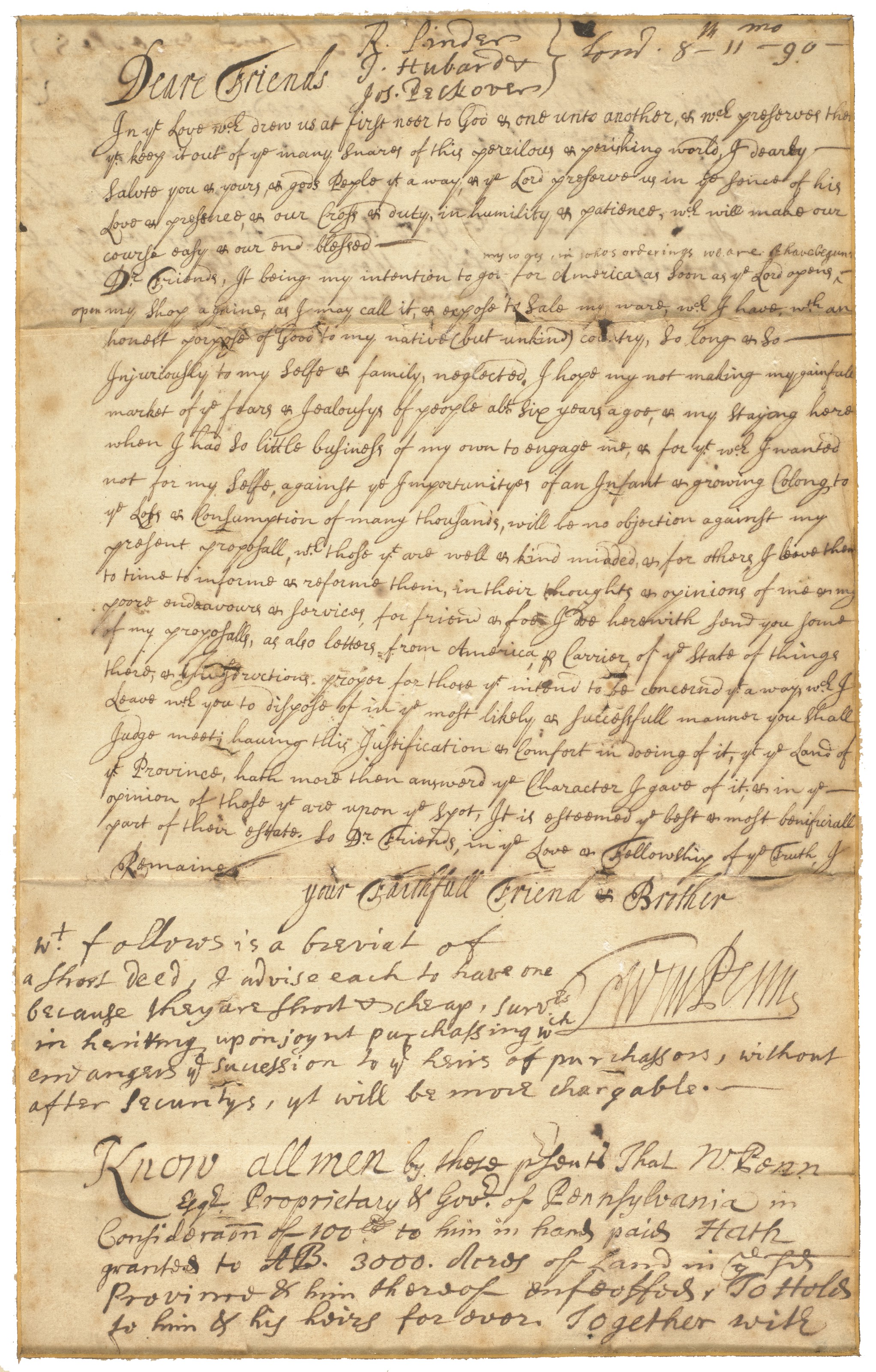 Populating the colony of Pennsylvania, William Penn, 8 January 1690/91 ...