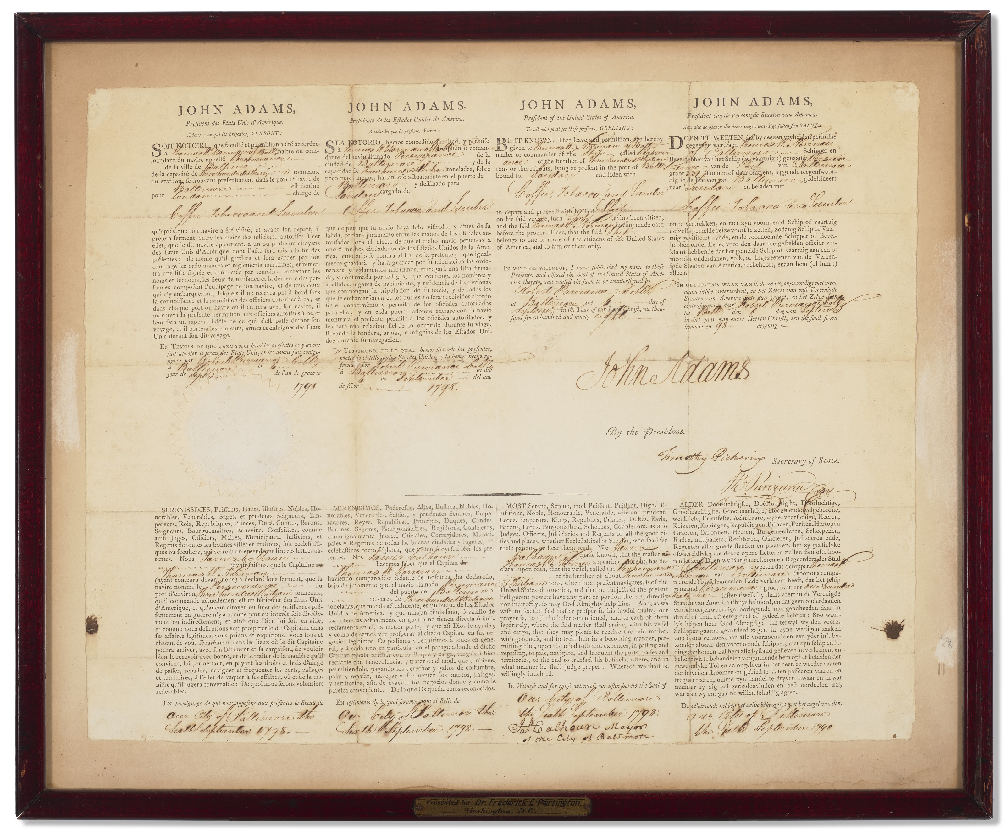 A four-language ship's paper signed as President, John Adams, 1798 ...