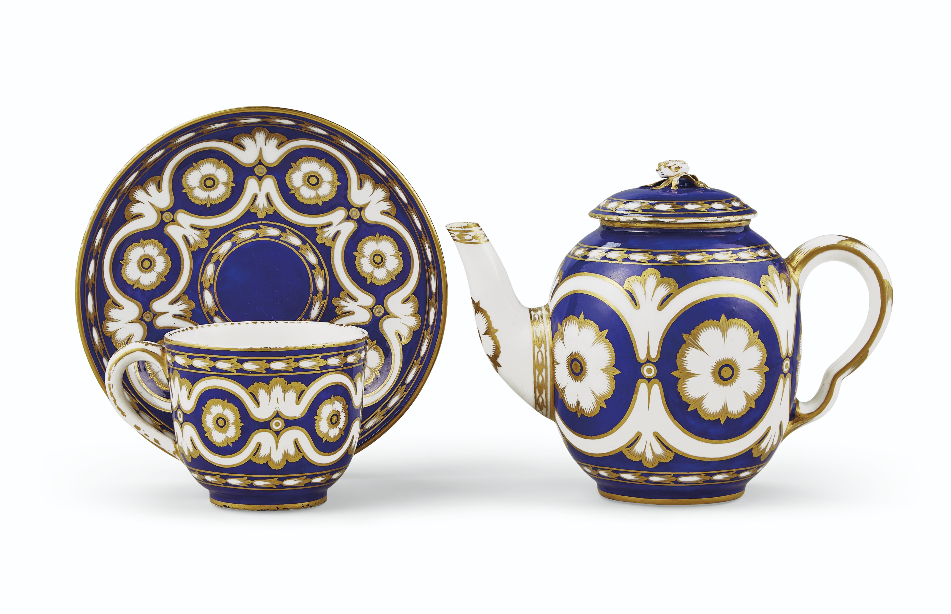 A SEVRES PORCELAIN BLUE-GROUND TEAPOT AND COVER (THIERE 'CALABRE') AND ...