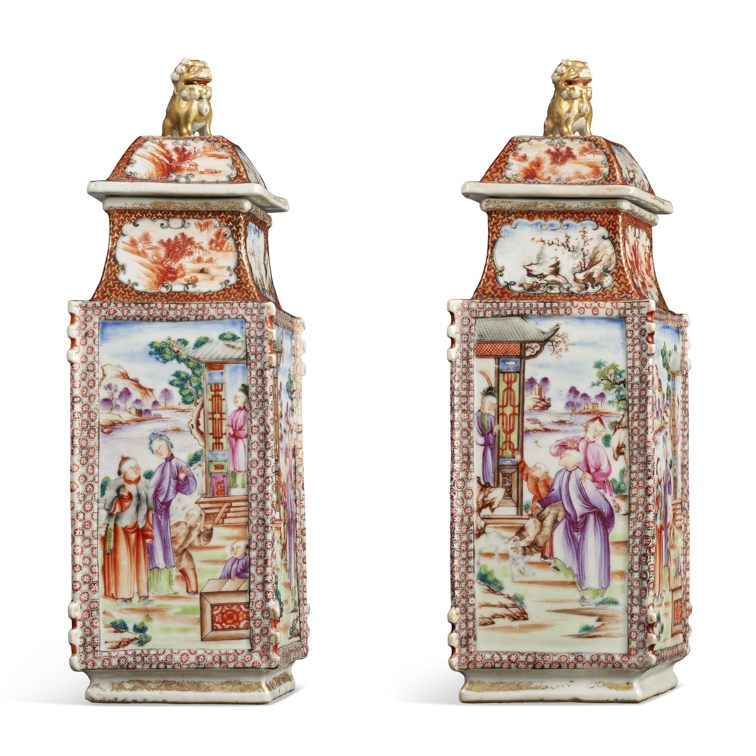 A PAIR OF CHINESE EXPORT MANDARIN PALETTE LOZENGE VASES AND COVERS ...