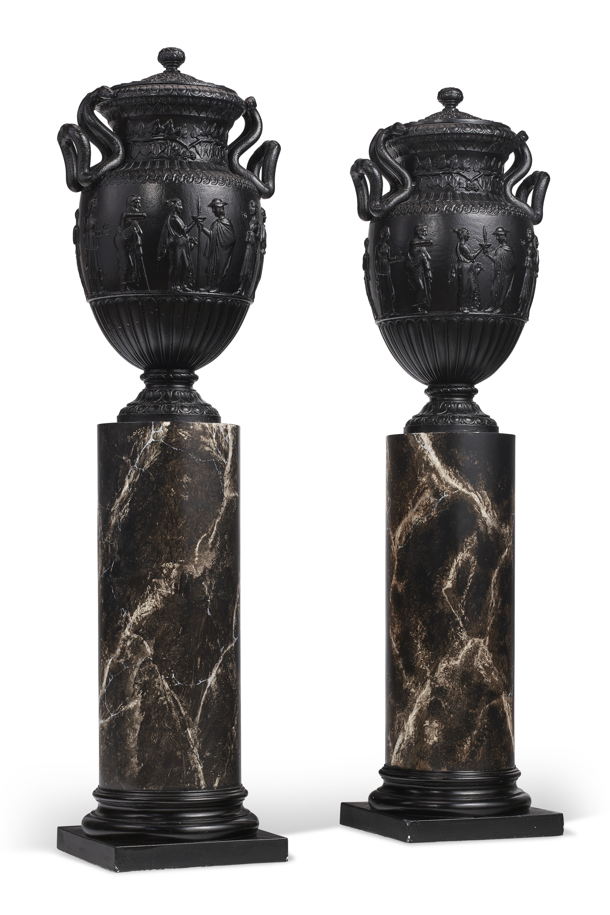 A PAIR OF CAST IRON URNS AND COVERS, ON STANDS, AFTER THE ANTIQUE, 19TH ...