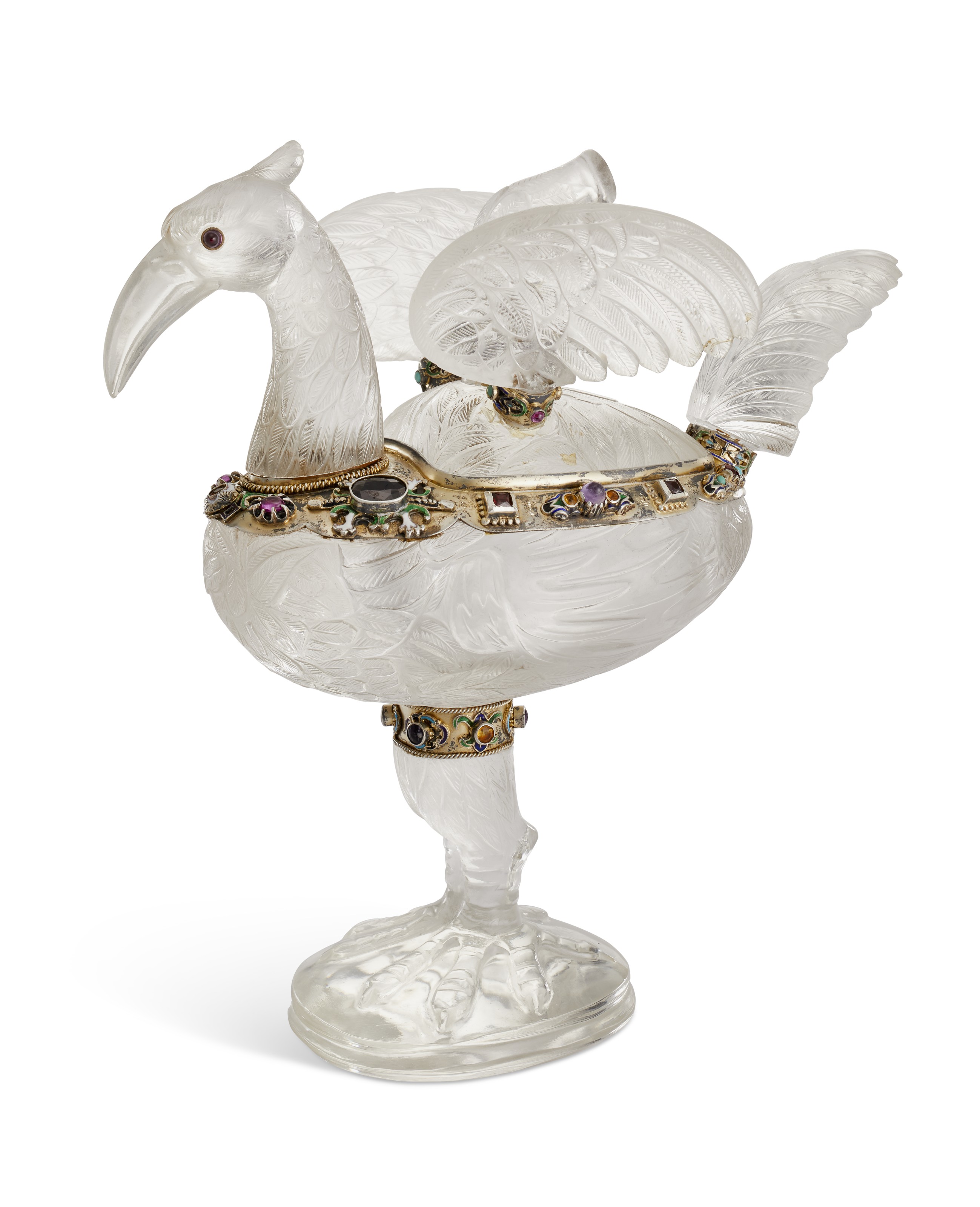 A CONTINENTAL SILVER-GILT, ENAMEL, AND GEM-MOUNTED ROCK CRYSTAL ROC ...