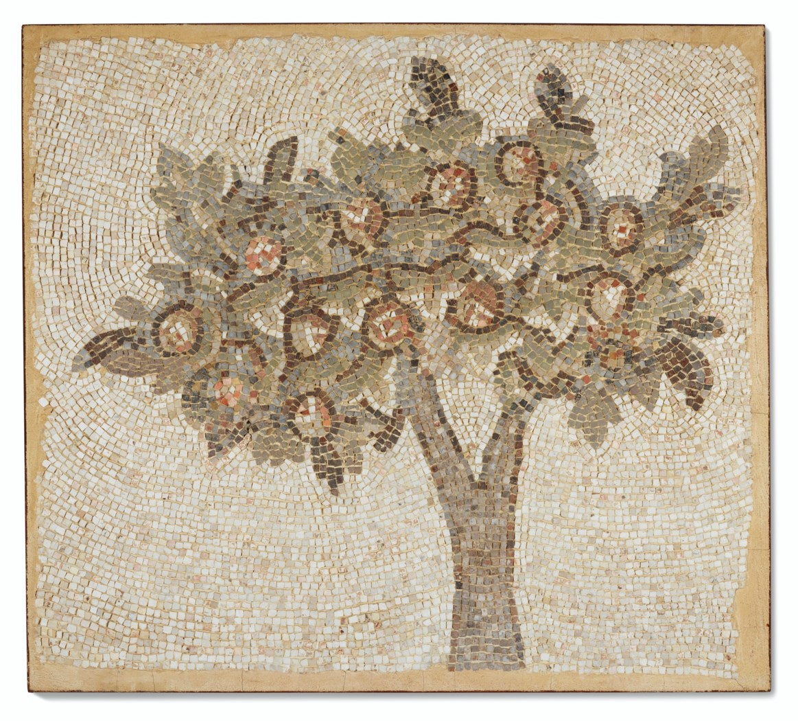 A LATE ROMAN MARBLE MOSAIC PANEL WITH A TREE, CIRCA 4TH-5TH CENTURY A.D ...