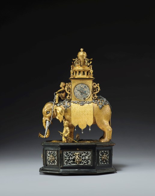 A SILVERED BRONZE, ENAMELED SILVER AND GILT-BRONZE ELEPHANT AUTOMATON CLOCK