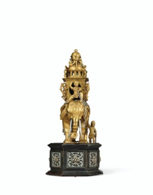 A SILVERED BRONZE, ENAMELED SILVER AND GILT-BRONZE ELEPHANT AUTOMATON ...