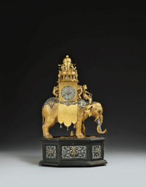 A SILVERED BRONZE, ENAMELED SILVER AND GILT-BRONZE ELEPHANT AUTOMATON ...
