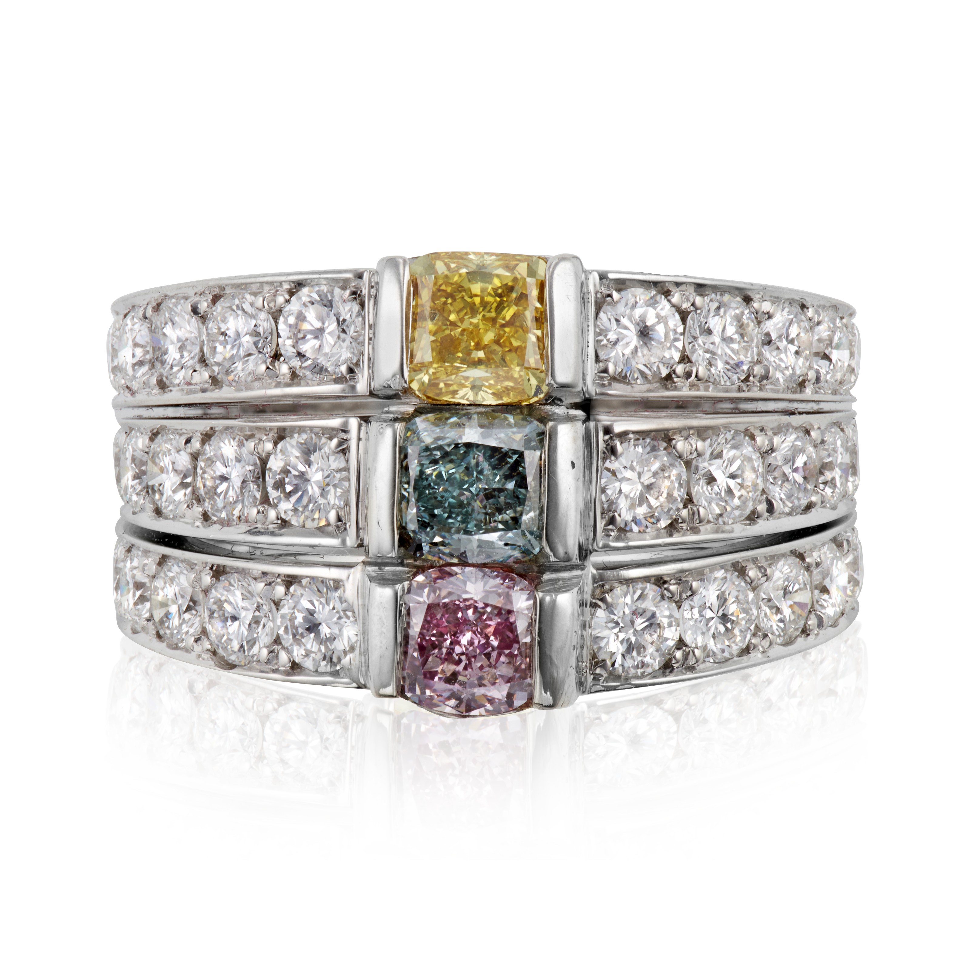 THREE-STONE COLORED DIAMOND AND DIAMOND RING, | Christie’s