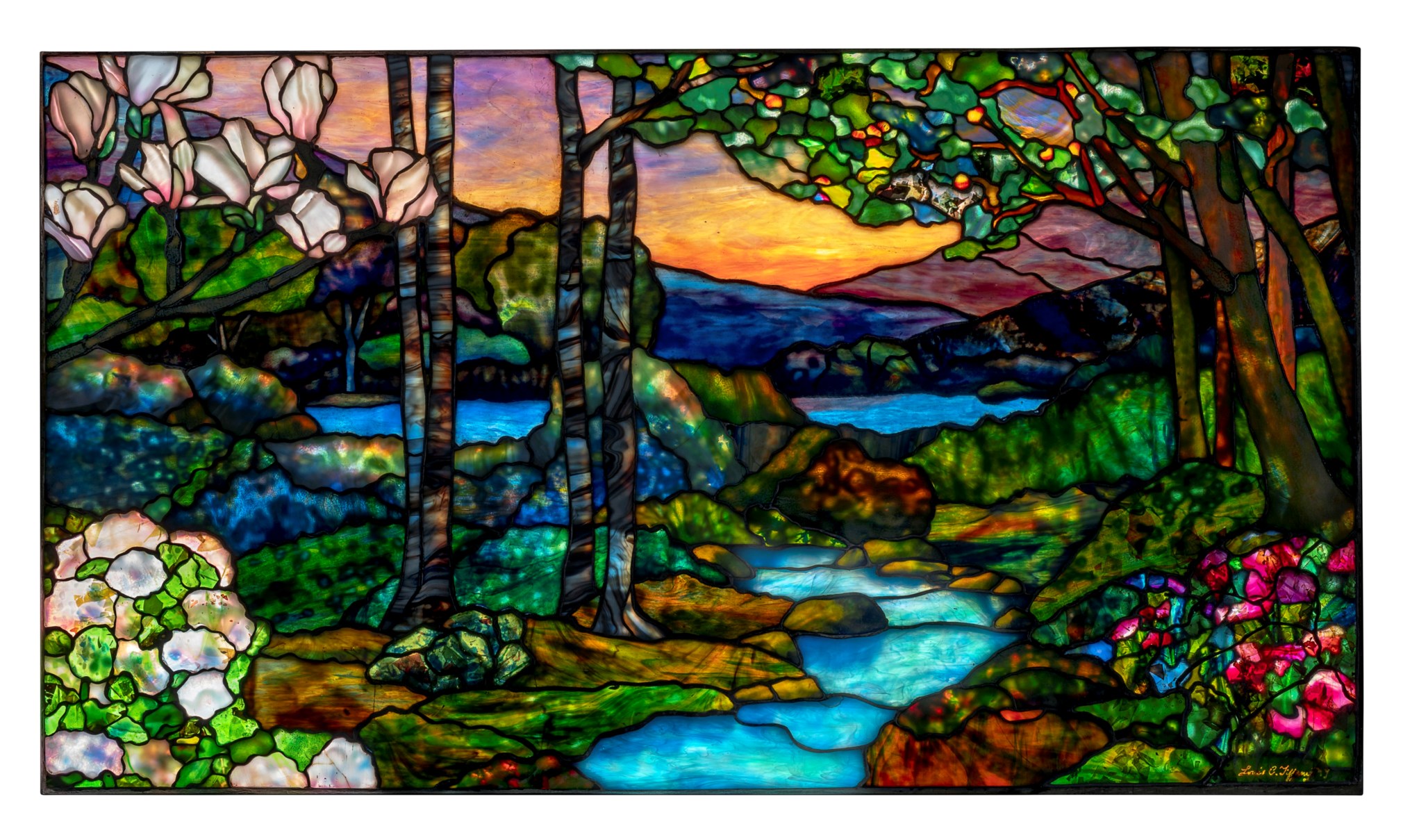 TIFFANY STUDIOS, Landscape Window with Magnolias, Hydrangeas and ...