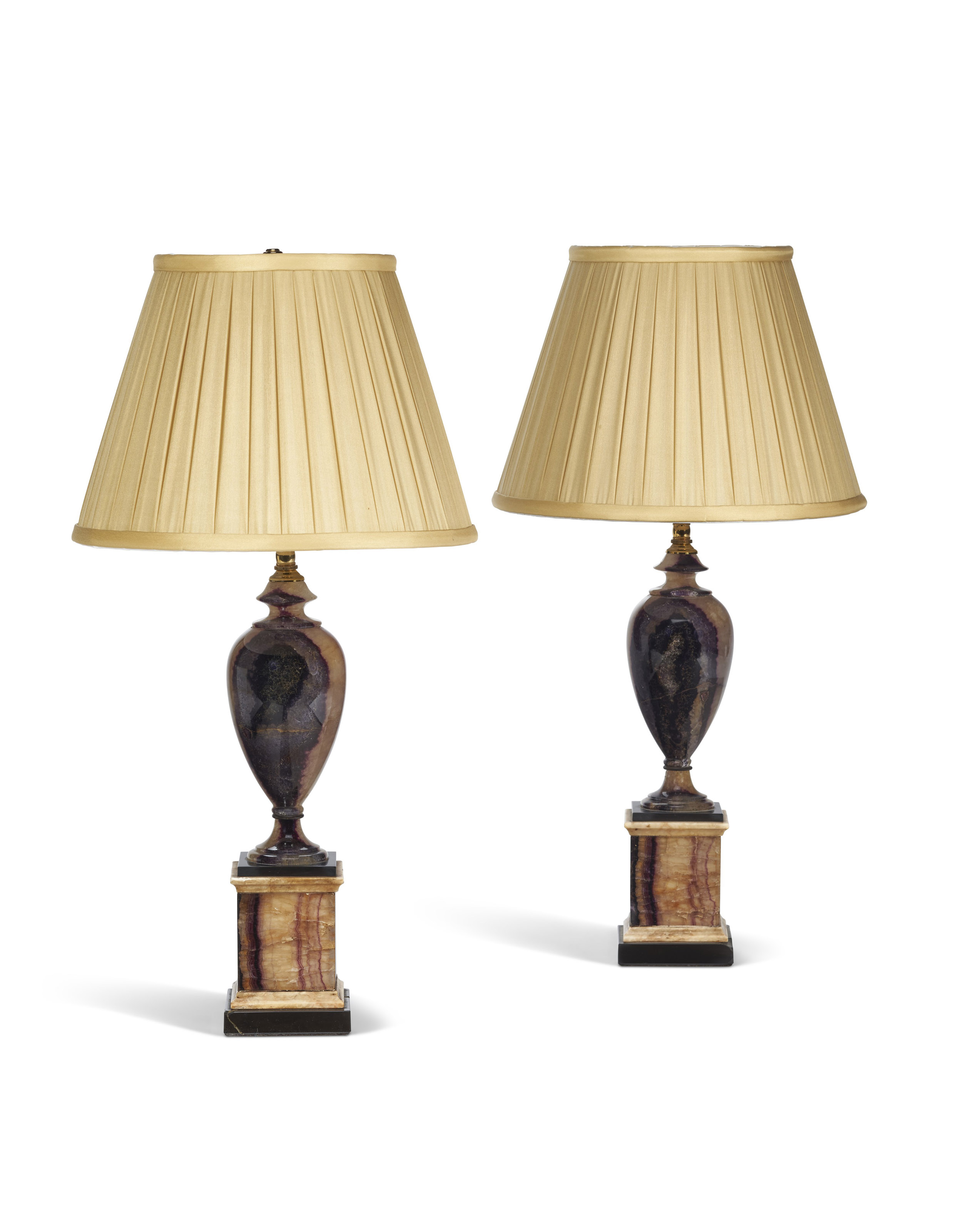 A PAIR OF ENGLISH BLUE JOHN, SLATE, AND WHITE MARBLE TABLE LAMPS, THE ...