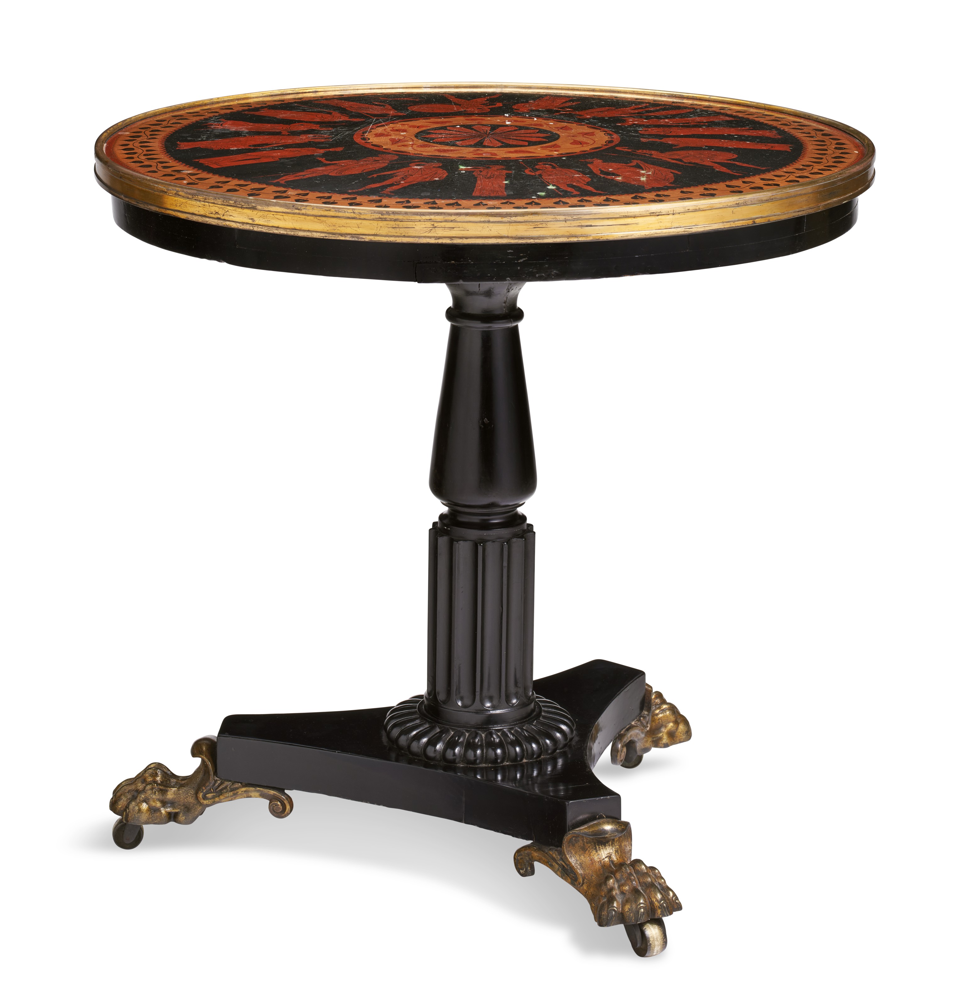A REGENCY BRASS-MOUNTED EBONIZED AND POLYCHROME-PAINTED CENTER TABLE ...