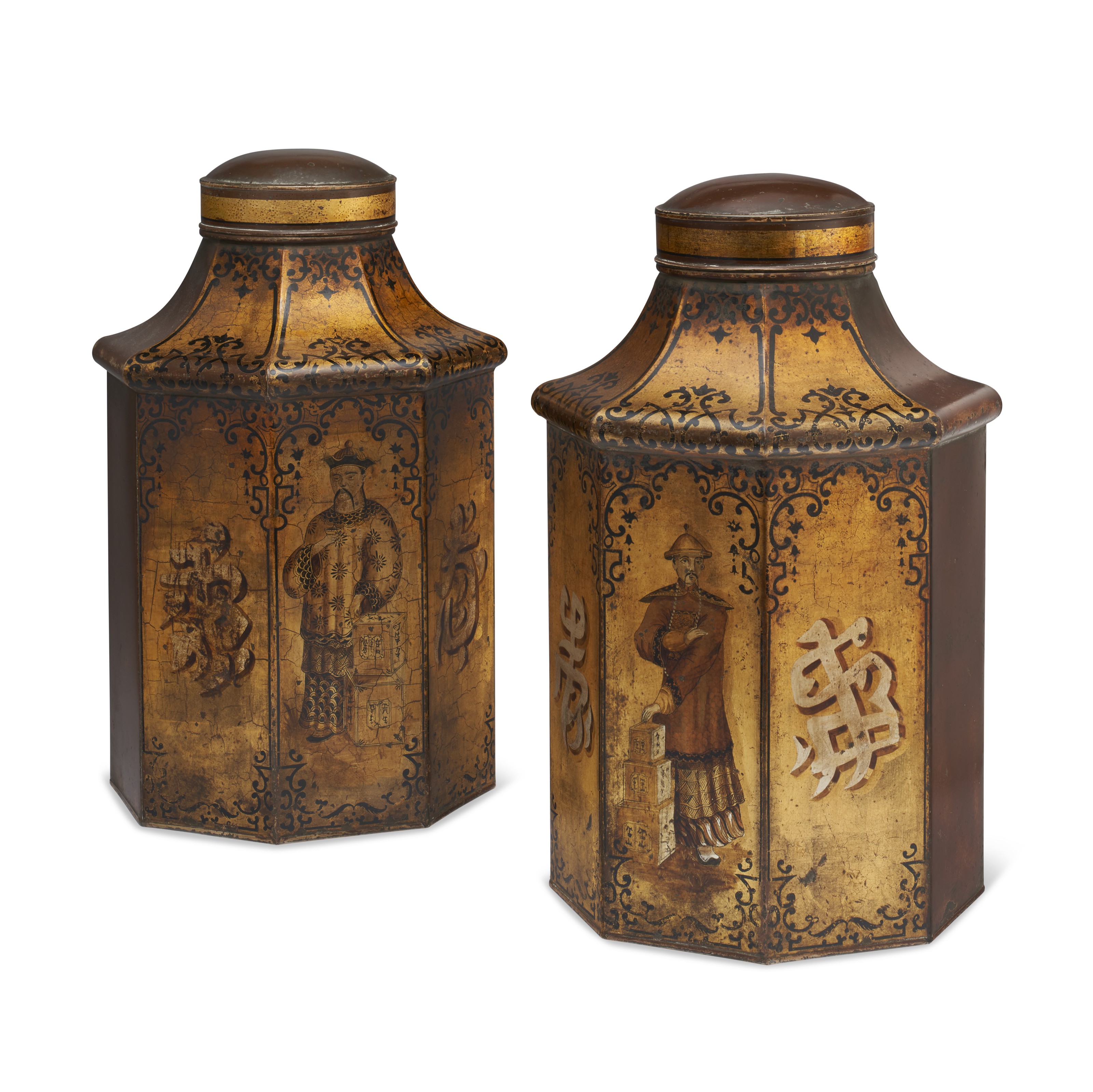 A PAIR OF LATE VICTORIAN TOLE-PEINTE TEA CANISTERS, LATE 19TH CENTURY ...