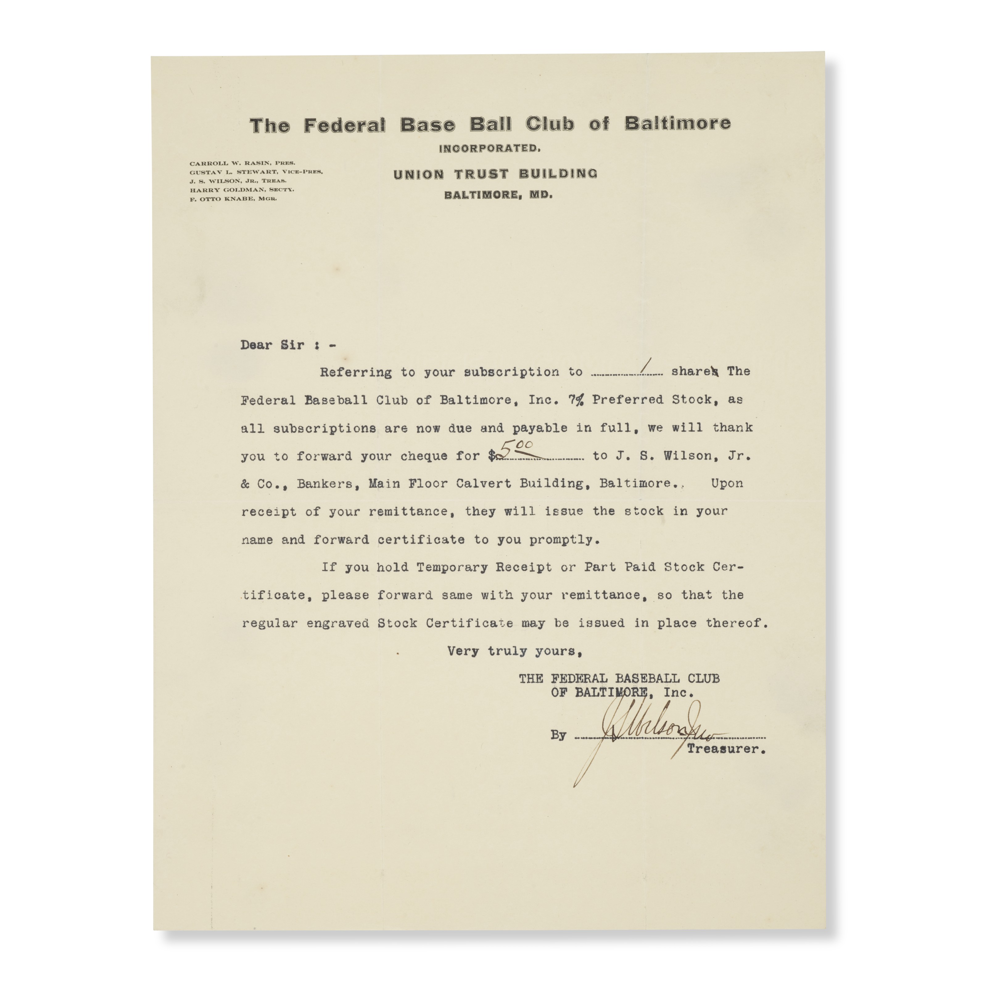 1914 Baltimore Federal League Typewritten Letter with Envelope ...