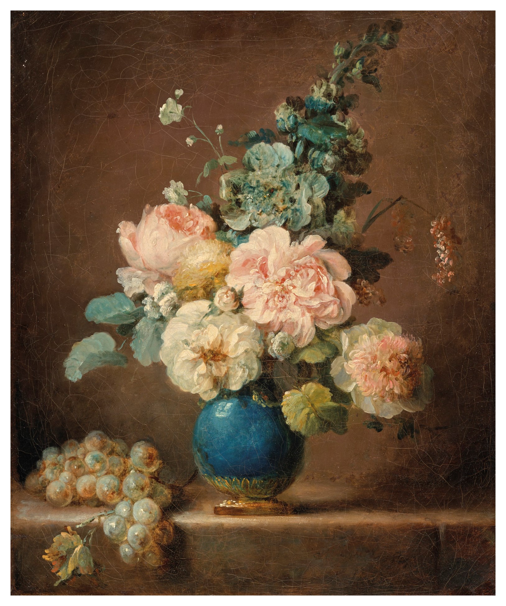 Anne Vallayer-Coster (Paris 1744-1818 Paris), Vase de fleurs et raisins ...